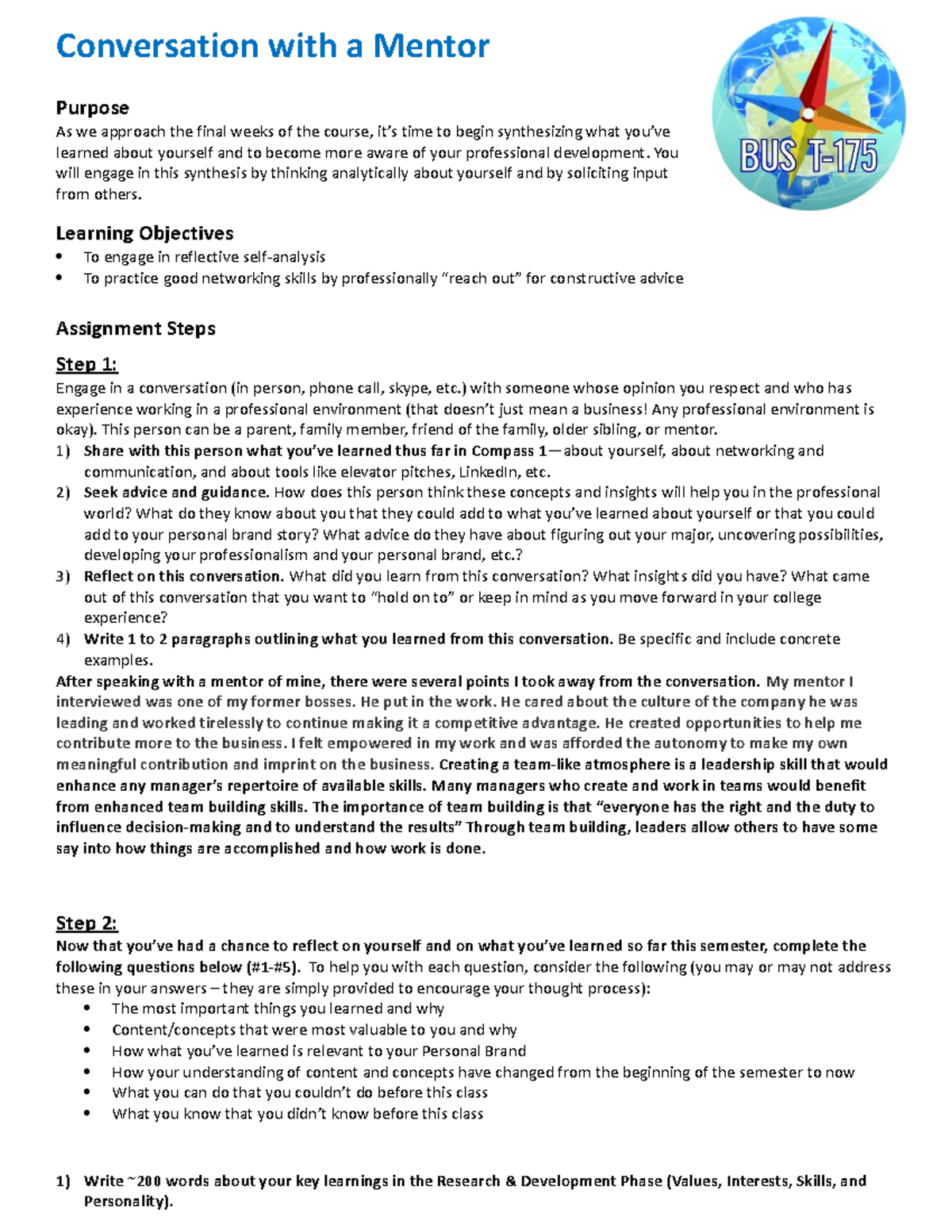 Compass 1: Conversation with a Mentor Assignment Overview - Studocu