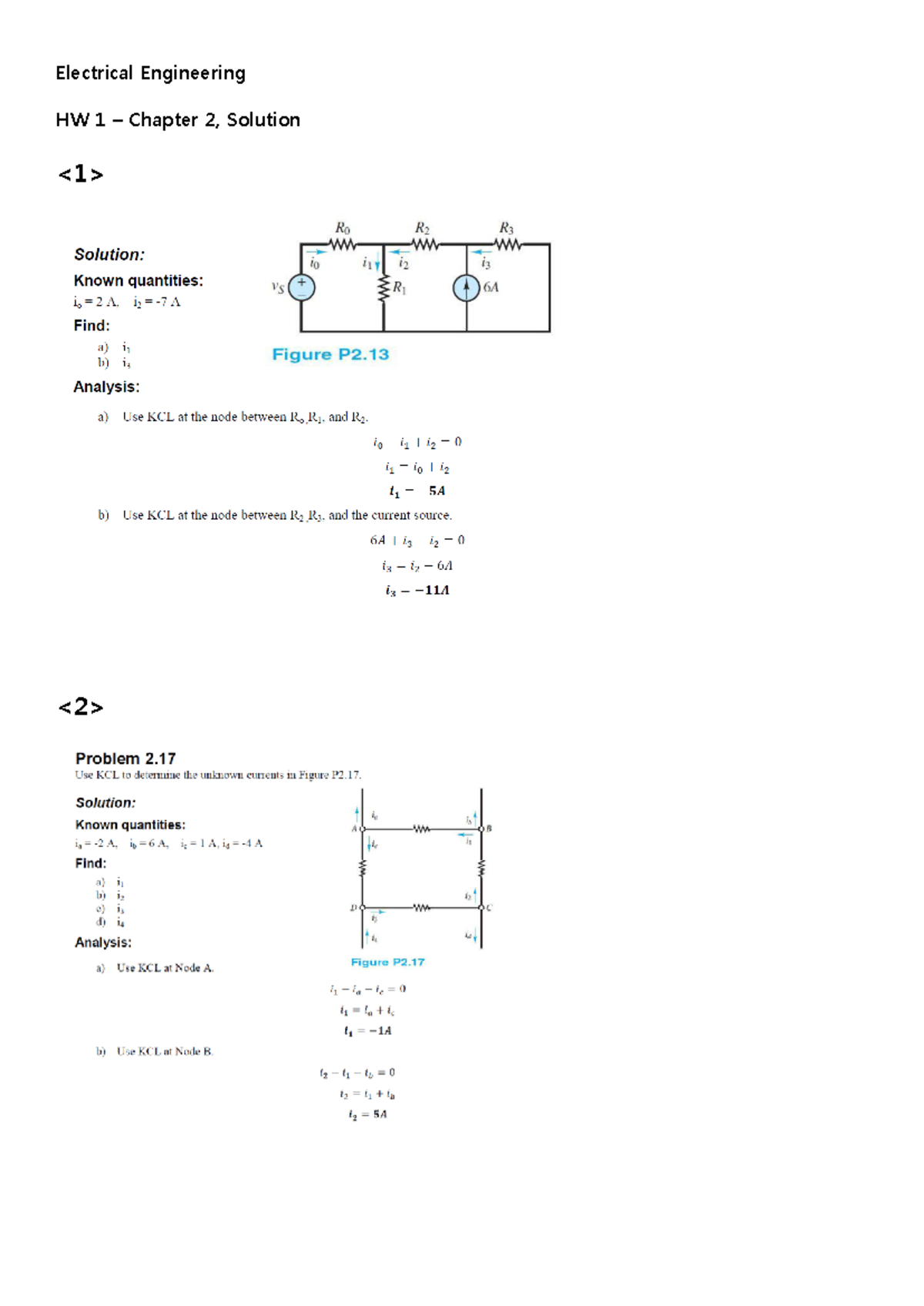 EE HW1 Solution - Electrical Engineering HW 1 Chapter 2, Solution R0 R2 R3 Solution: i3 ww Known ...