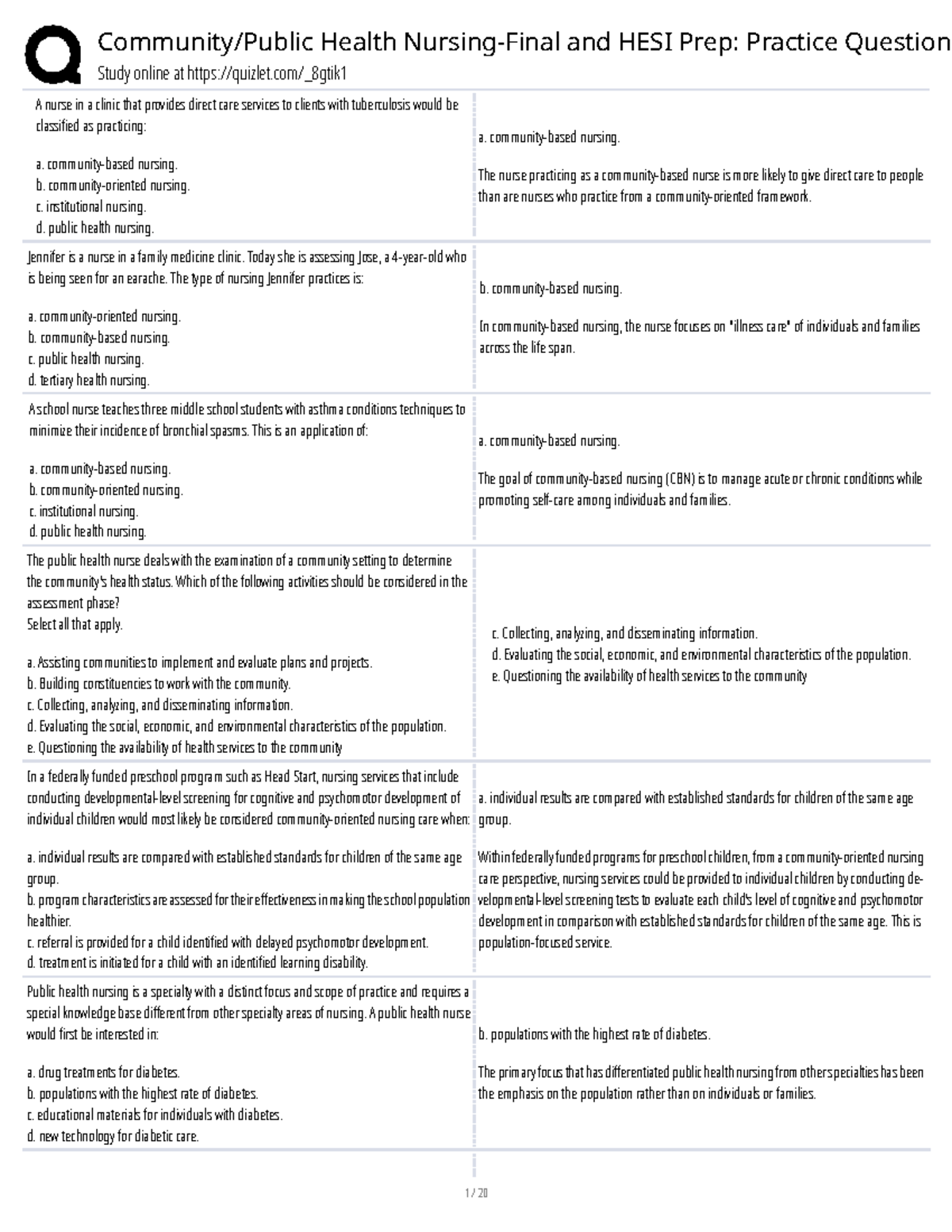 Community HESI Prep: Practice Questions for Nursing Students - Studocu