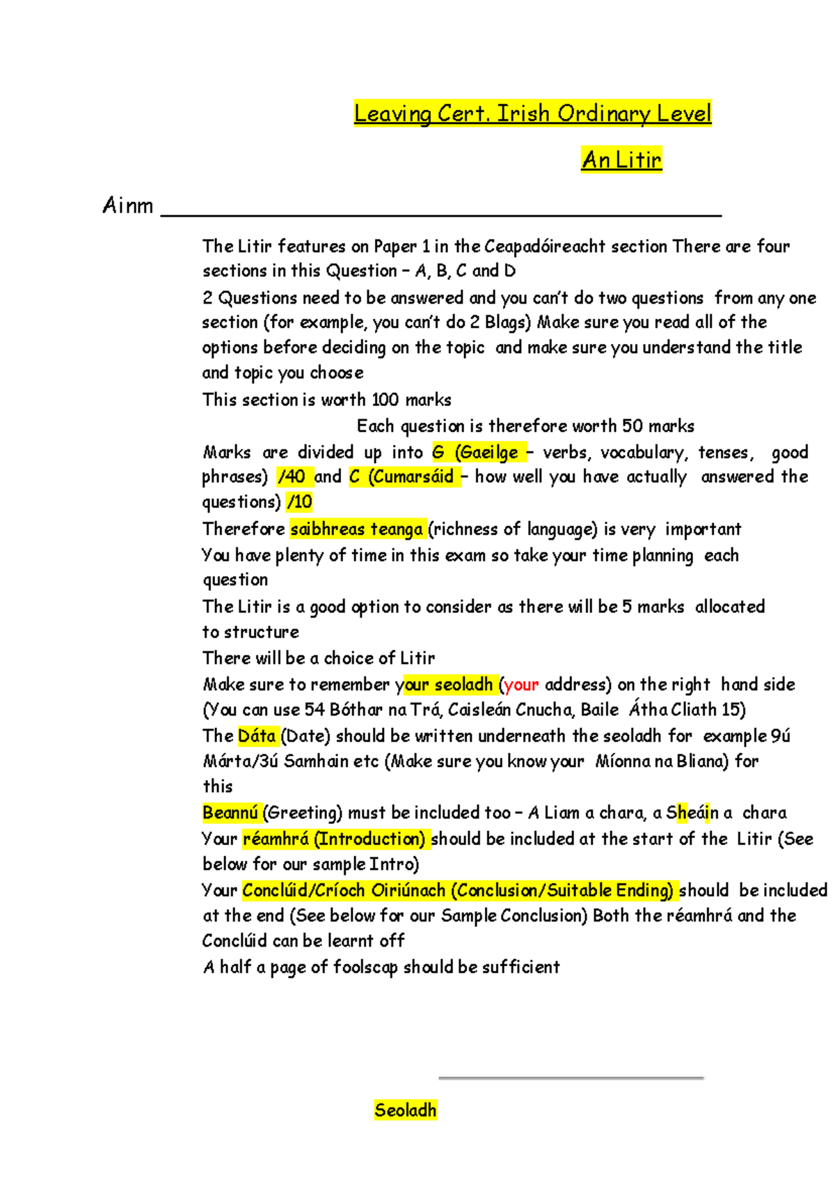 Leaving Cert. Irish Ordinary Level: An Litir Notaí Guide - Studocu
