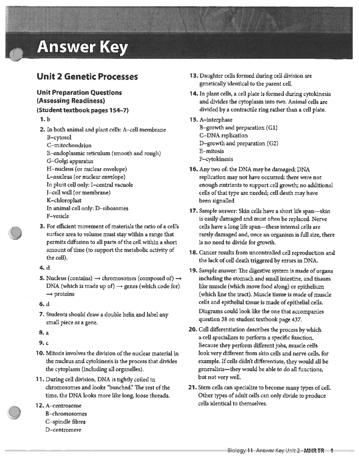 Biology 11 Answer Key: Unit 2 - Genetic Processes and Cell Division ...