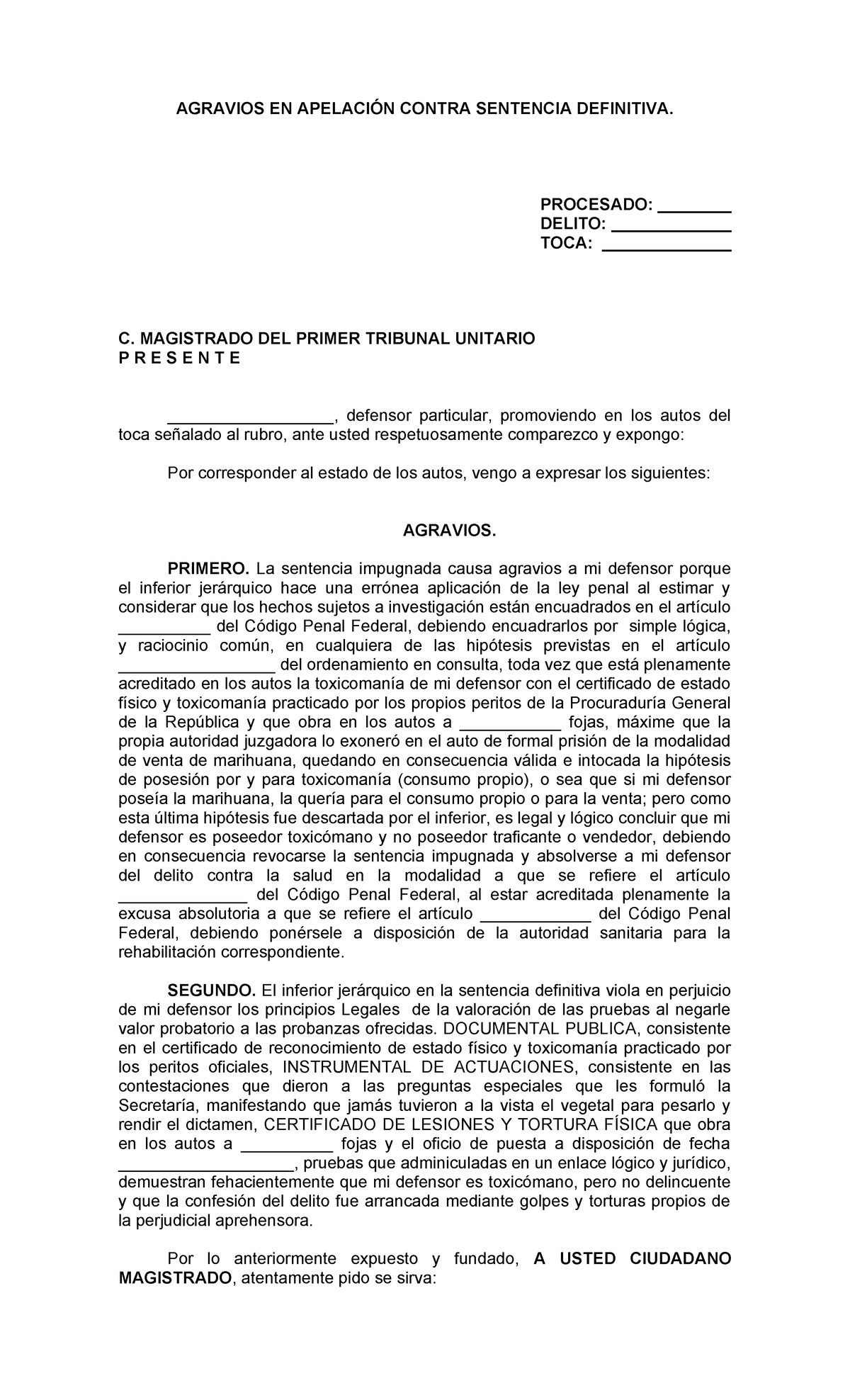 Agravios en Apelación Contra Sentencia Definitiva - Caso Penal - Studocu