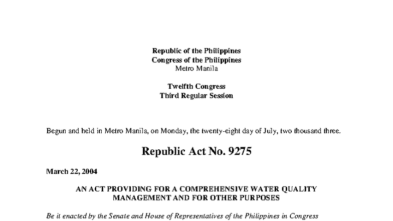 RA 9275: Philippine Clean Water Act - Comprehensive Water Quality ...