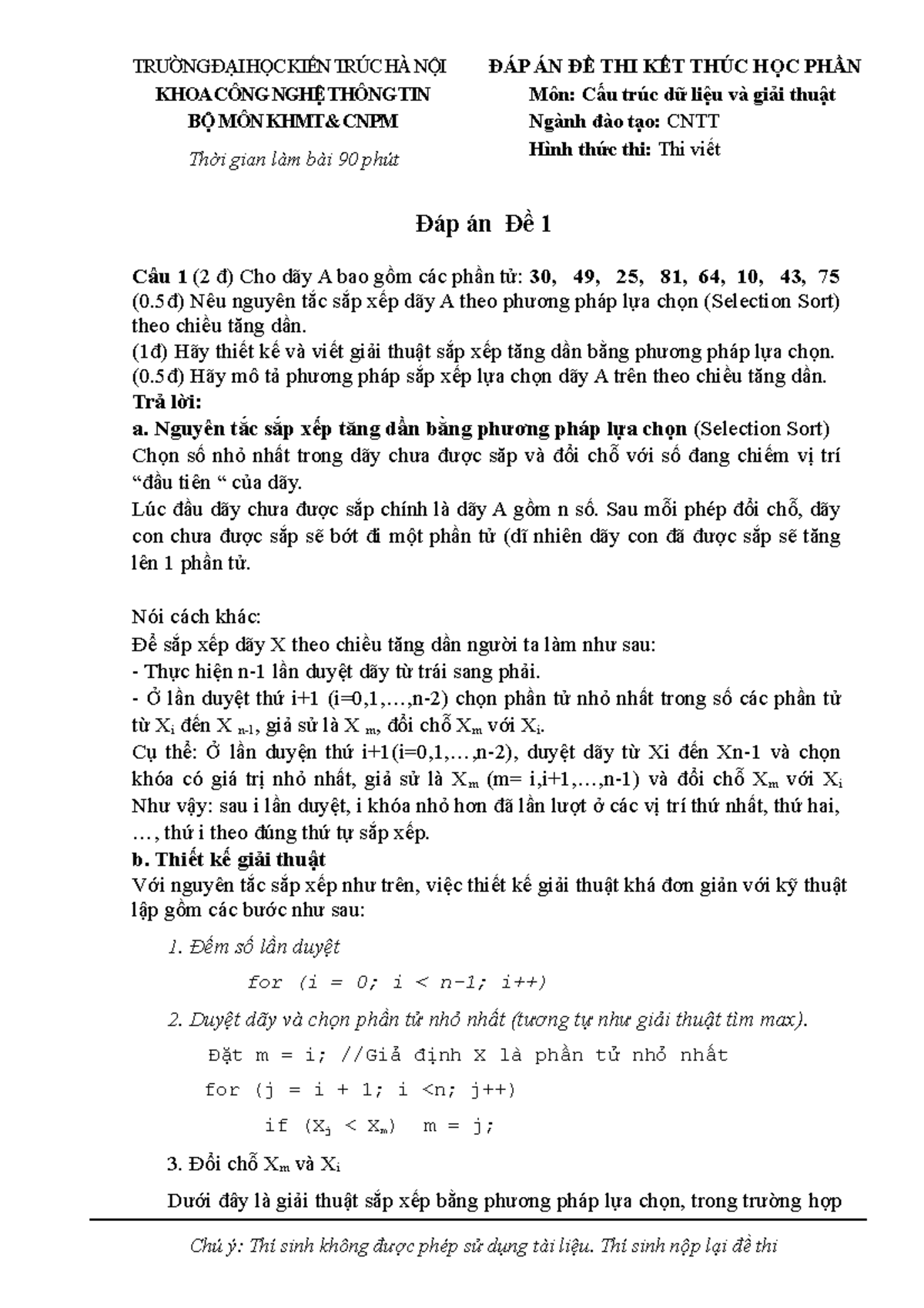 Dap An Ôn 1 Ctdlgt - ưefwef - KHOA CÔNG NGHỆ THÔNG TIN BỘ MÔN KHMT& CNPM Thời gian làm bài 90 ...