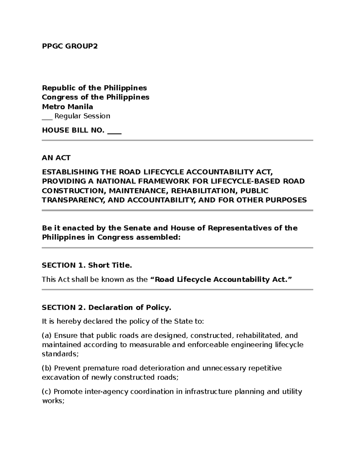 PPGC 2023 House Bill: Road Lifecycle Accountability Act Overview - Studocu