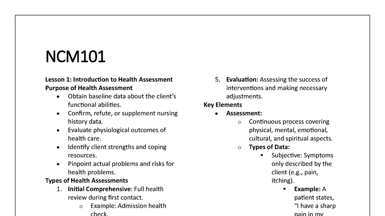 NCM101 Lesson 1: Intro to Health Assessment and Nursing Process - Studocu