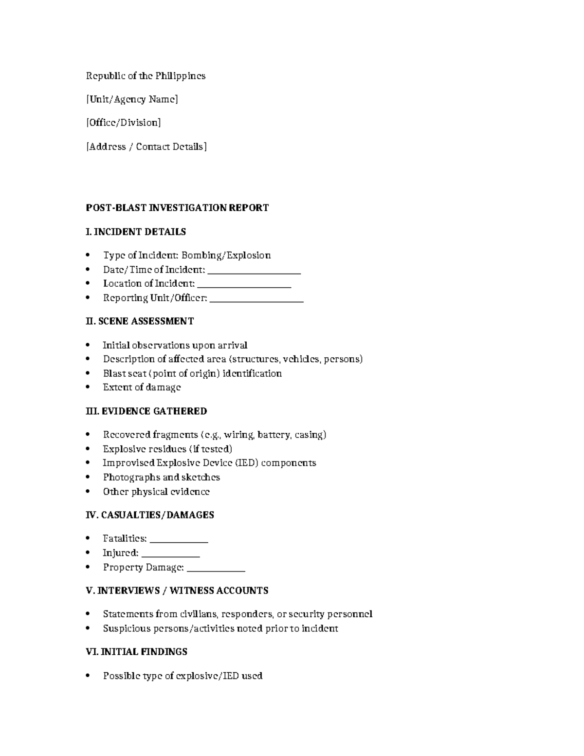 Post Blast Investigation Report: Bombing Incident in the Philippines ...
