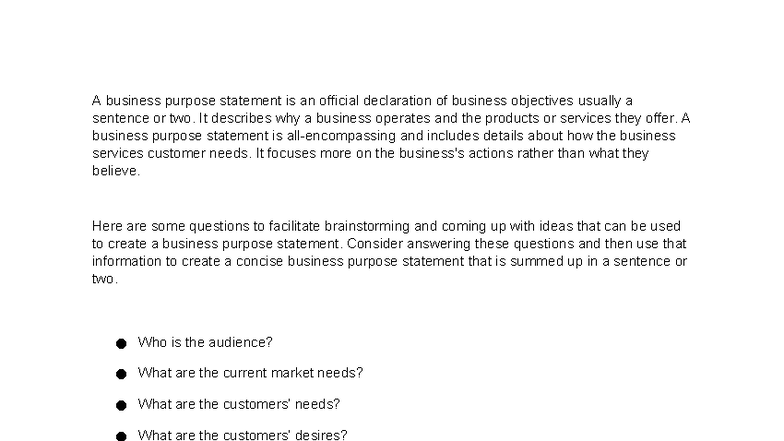 Business Purpose Statement Template: Crafting Your Objectives - Studocu
