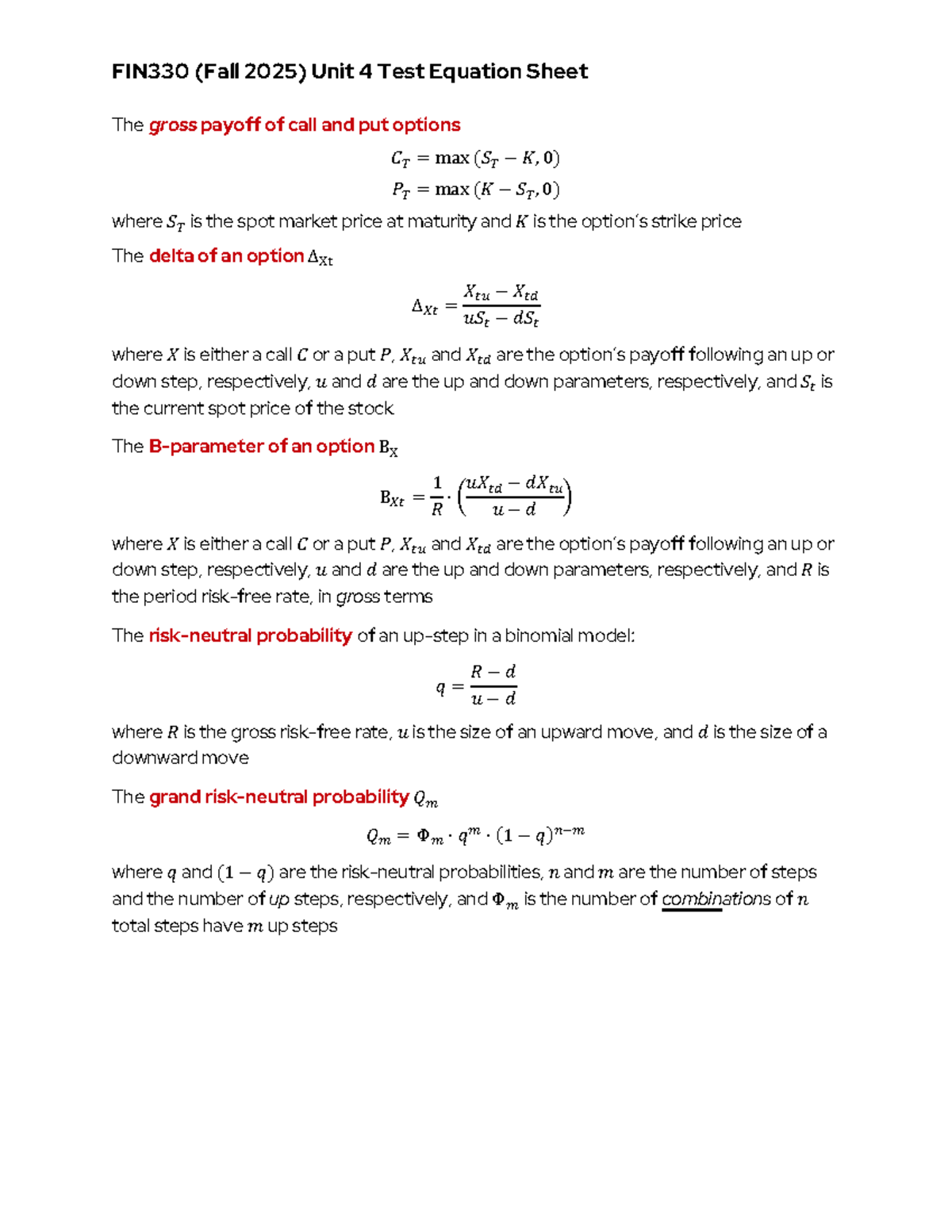 FIN330 (Fall 2025) Unit 4 Test Options Equation Sheet - Studocu