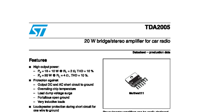 TDA2005: 20W Car Radio Amplifier Features and Specifications - Studocu