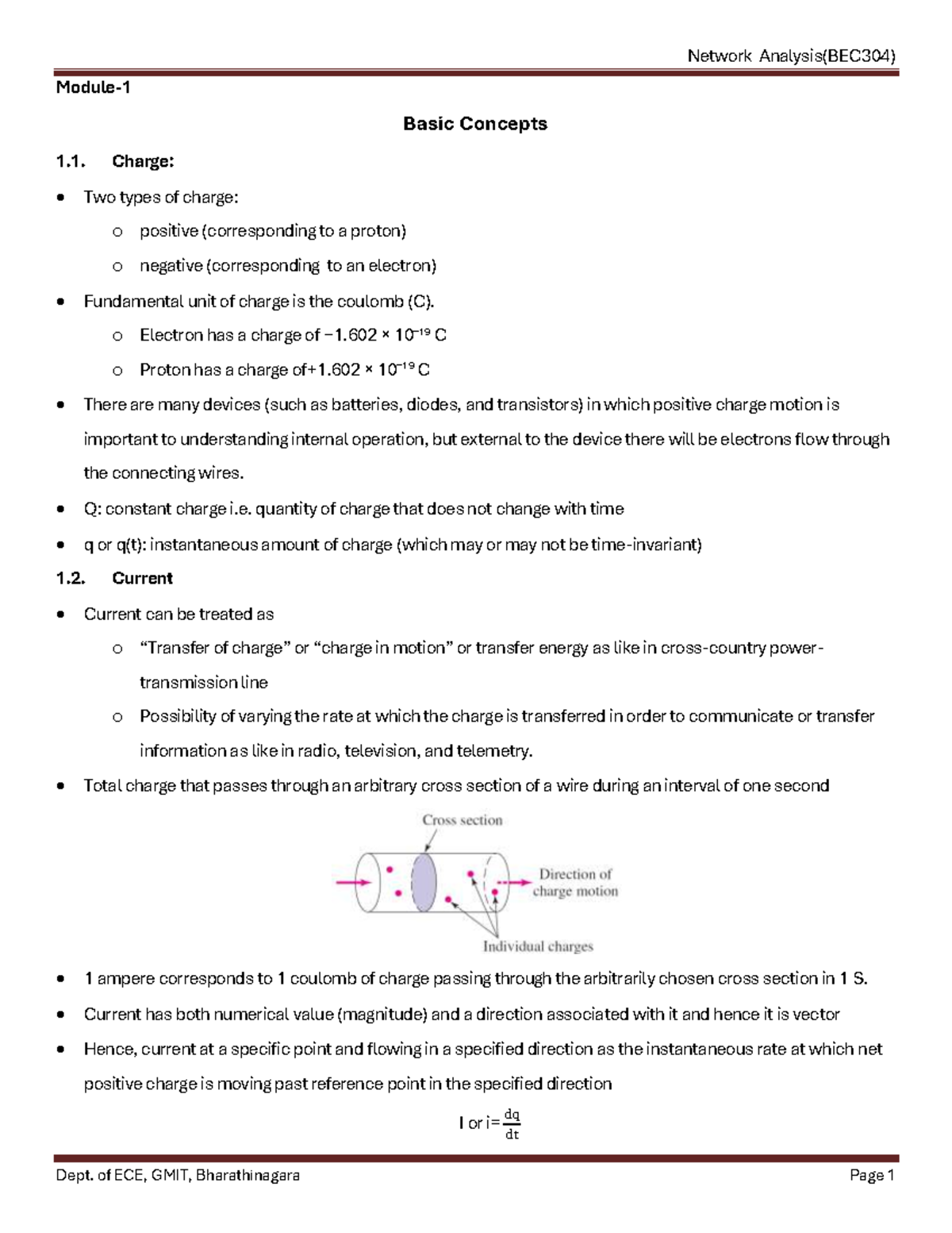 BEC304 M1 - Practice material - Module- 1 Basic Concepts Charge: Two ...