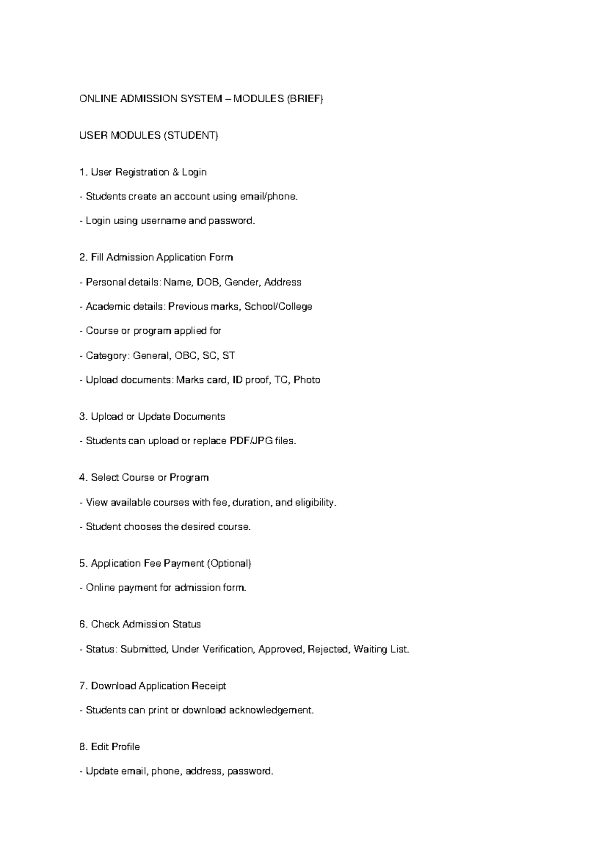ONLINE ADMISSION SYSTEM MODULES (OVERVIEW) - Studocu