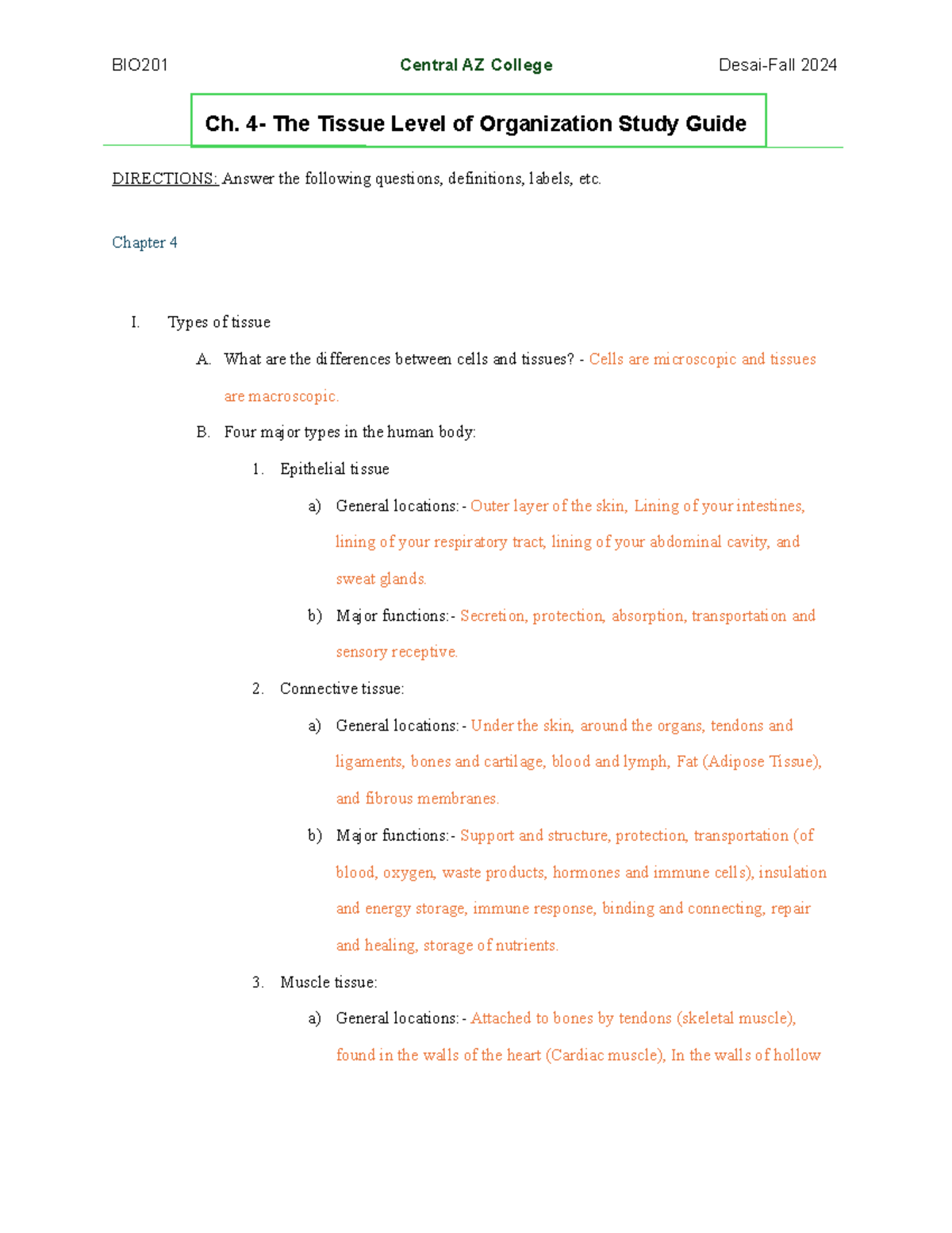 BIO201-Ch. 4 Study Guide: Understanding Tissue Organization - Studocu