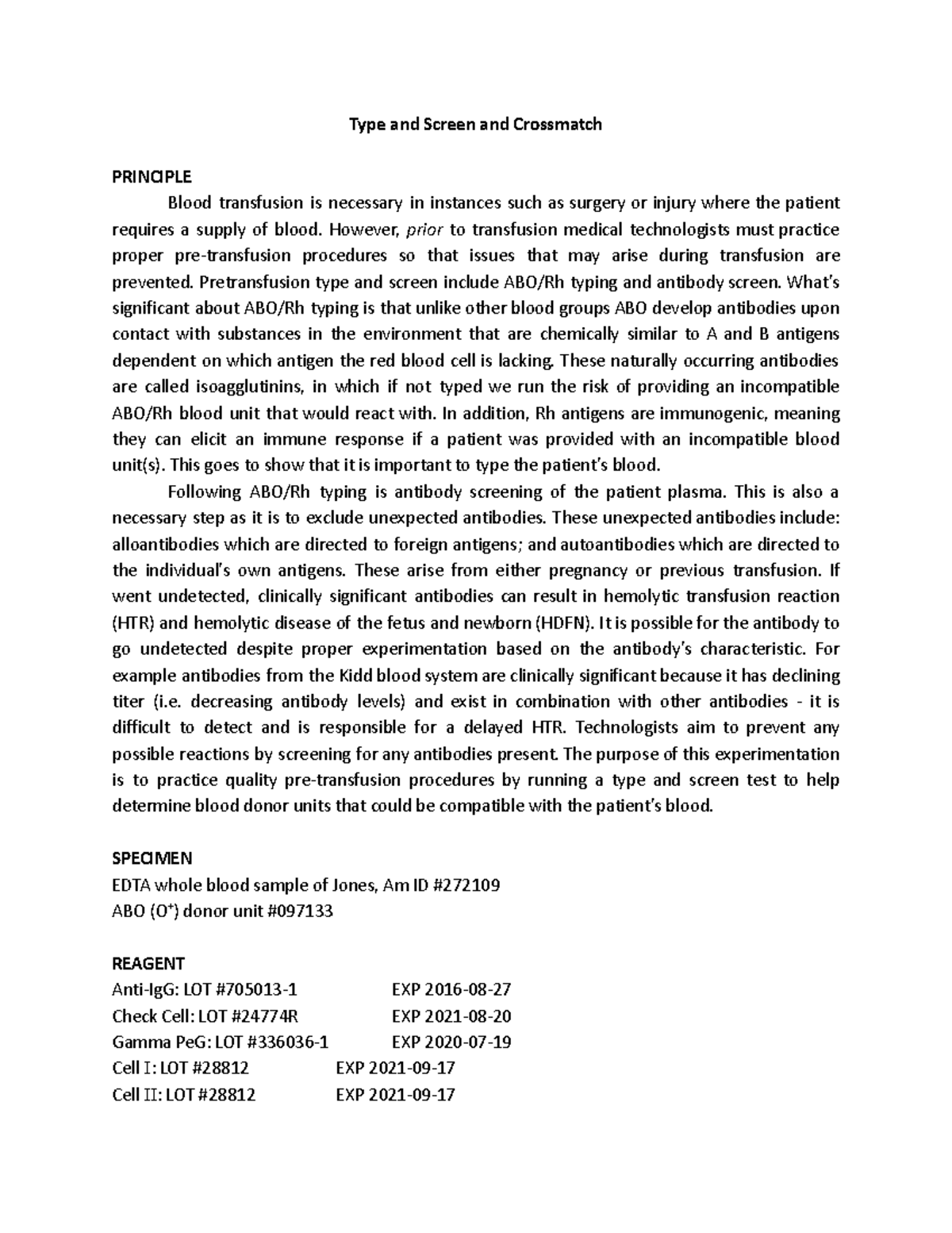 Blood Banking Lab 2 Report: Type & Screen Crossmatch Analysis - Studocu