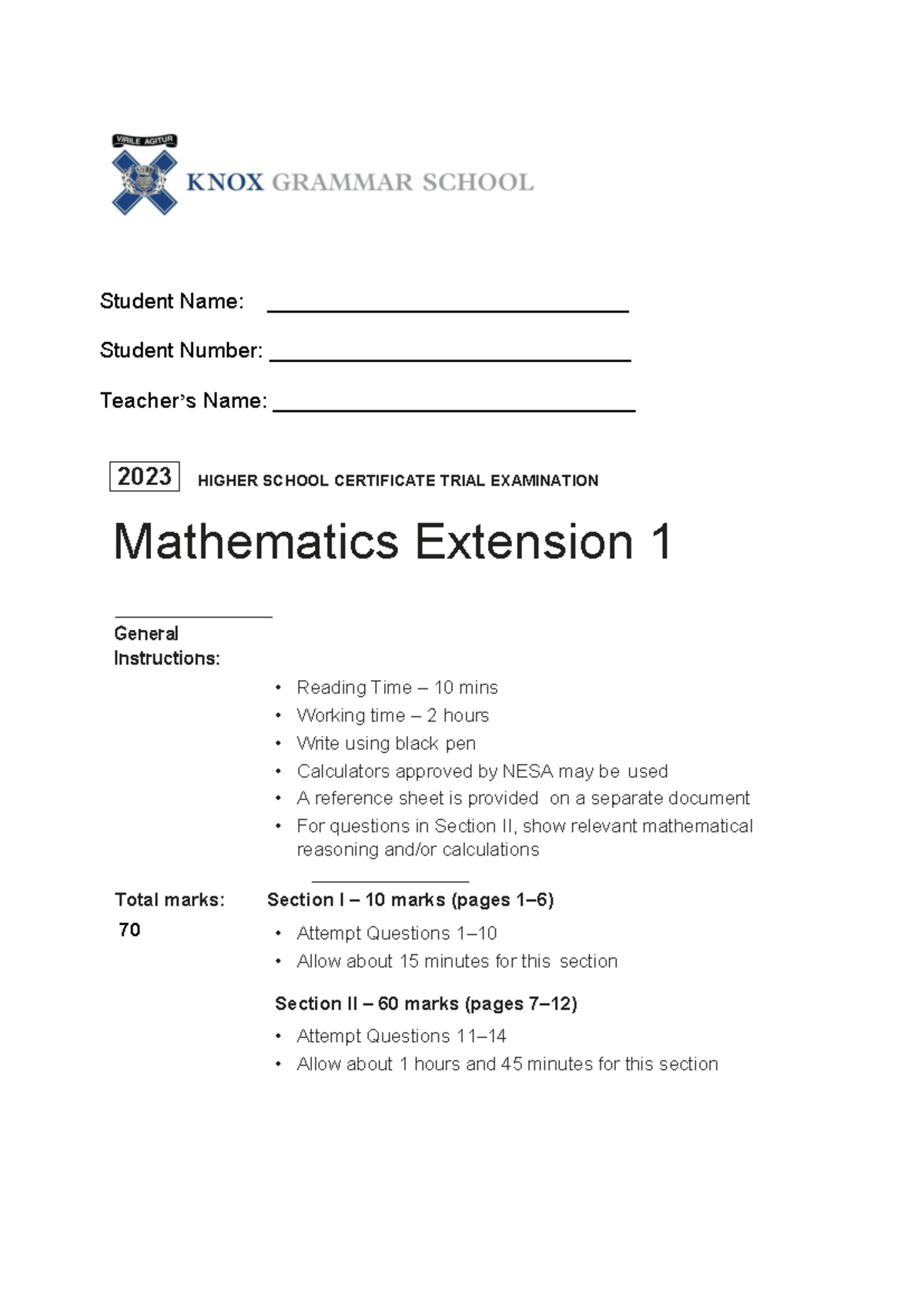 Knox 2023 HSC Mathematics Extension 1 Trial Exam Solutions - Studocu