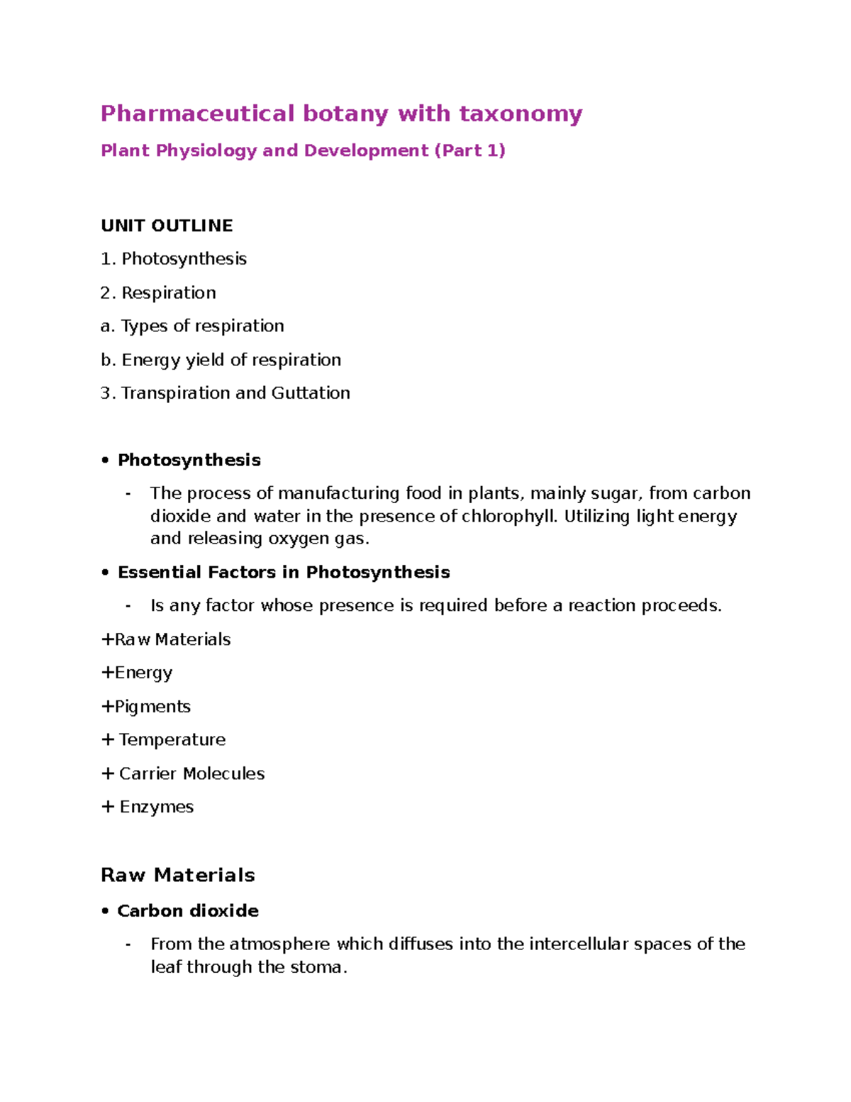 PBOT topic 3 Part 1ω - 111 - Pharmaceutical botany with taxonomy Plant Physiology and ...