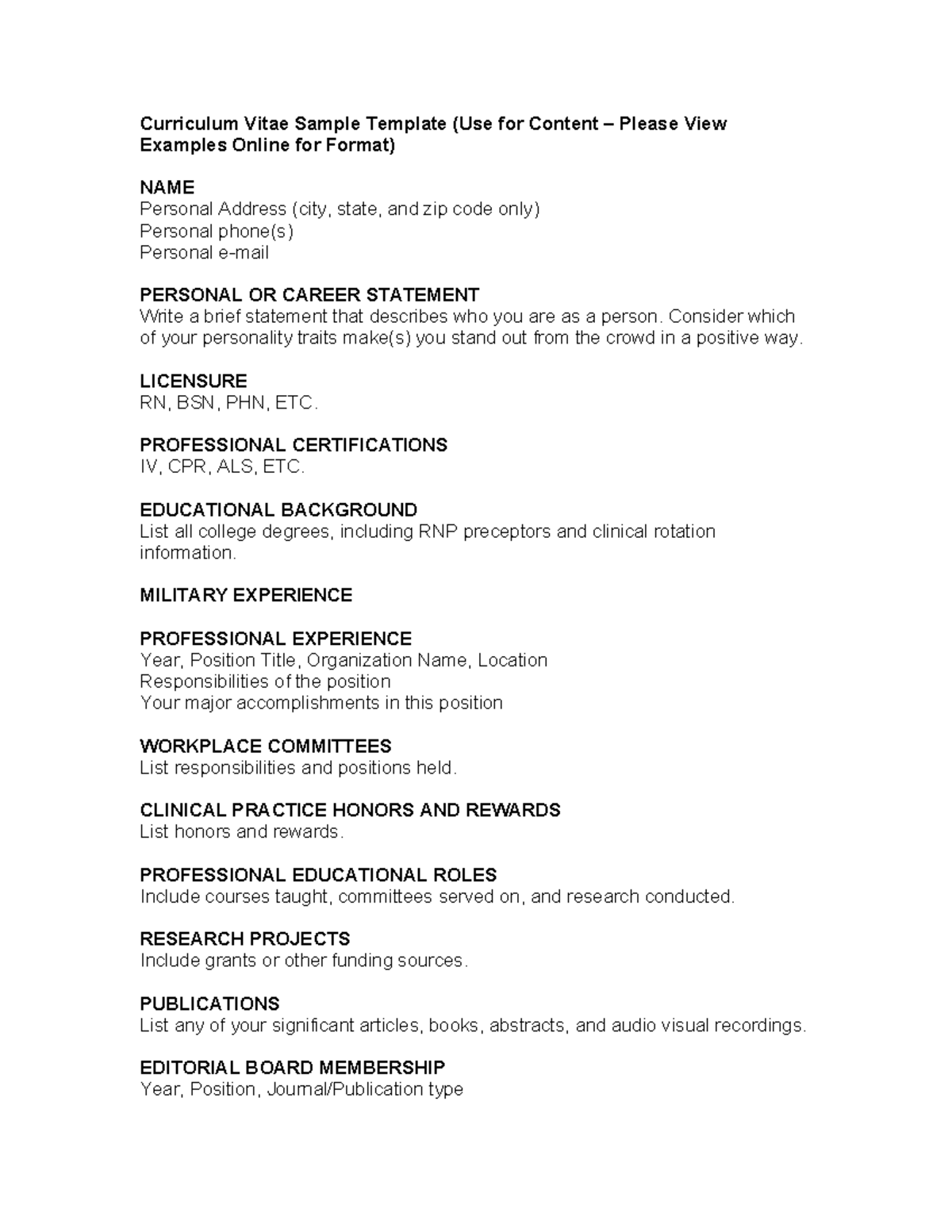 Curriculum Vitae Sample Template - Consider which of your personality ...