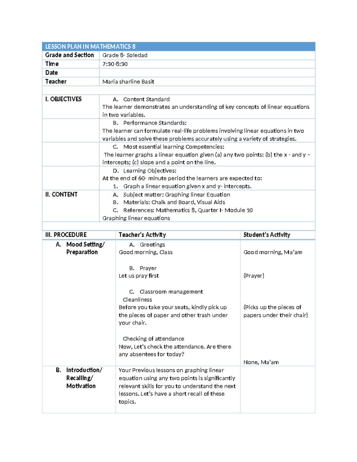 Lesson Plan on Graphing Linear Equations Using X and Y Intercepts ...