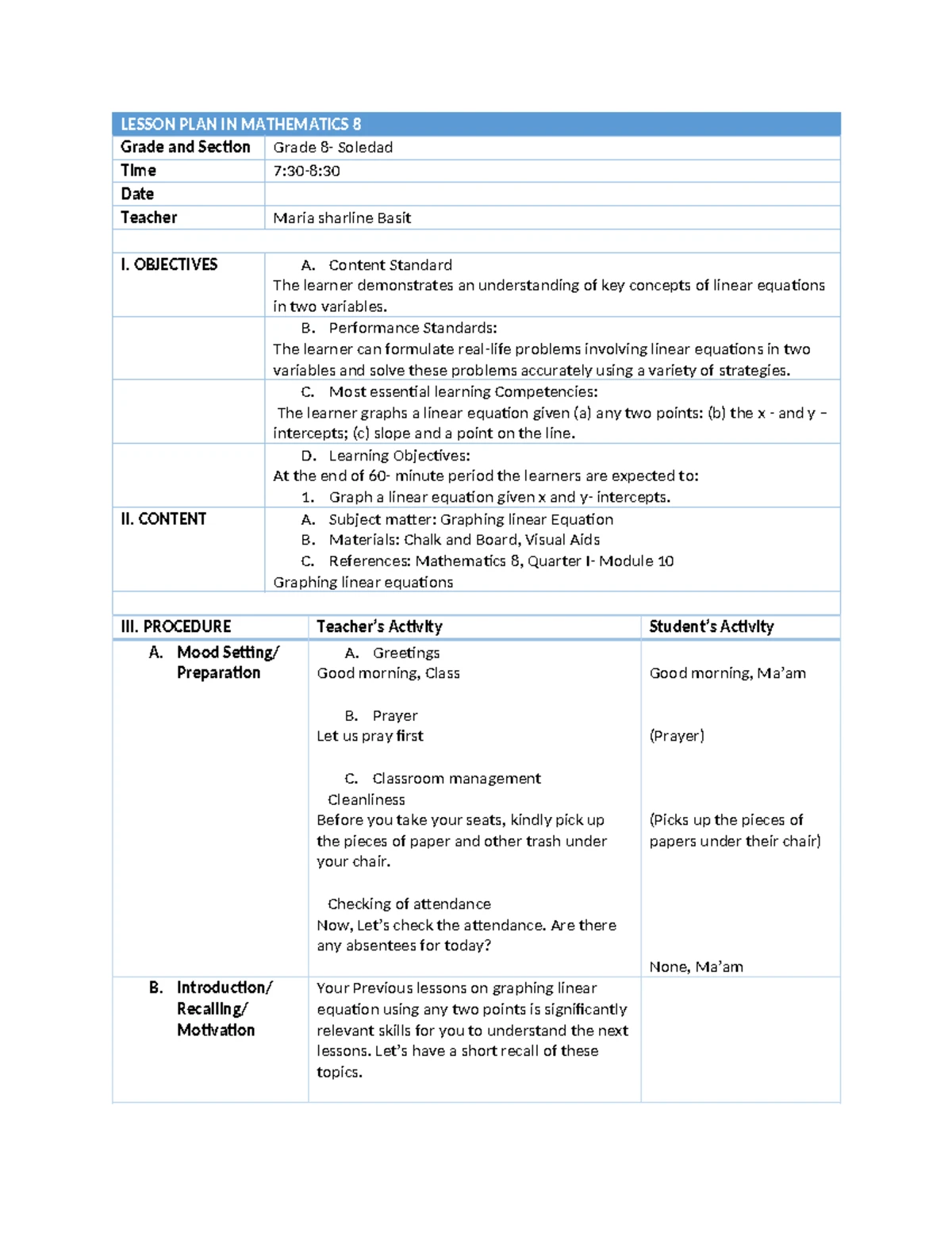 Grade 8 Math: Lesson Plan on Describing Graphs of Linear Equations ...