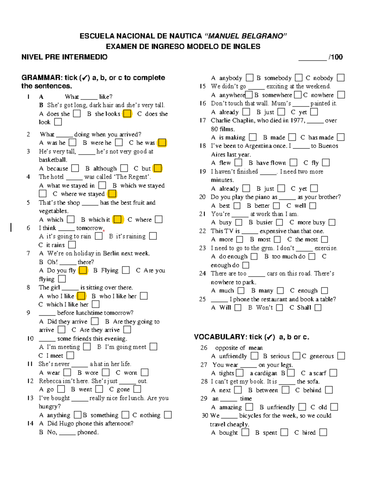 Examen de Ingreso Modelo de Inglés - Nivel Pre Intermedio - Studocu