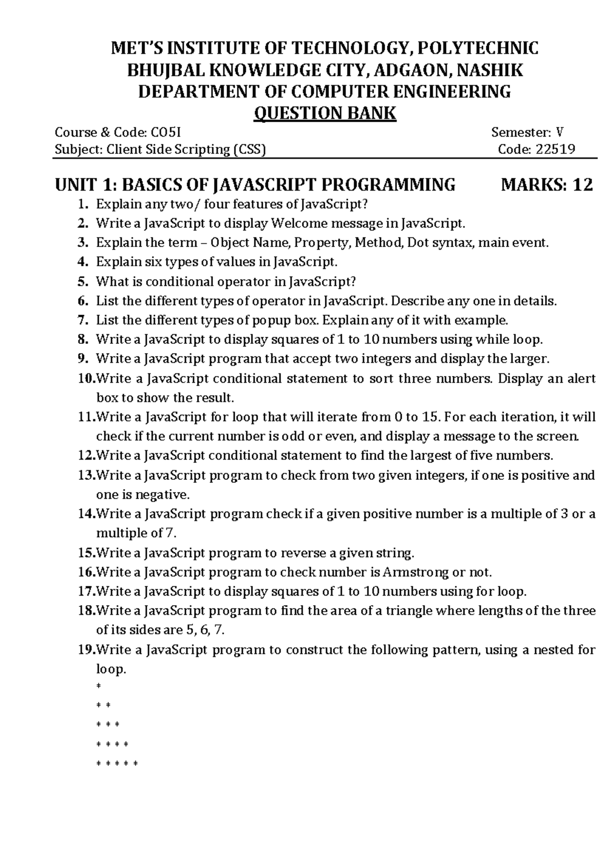 CSS-22519 Question Bank: All Units for Client Side Scripting - Studocu