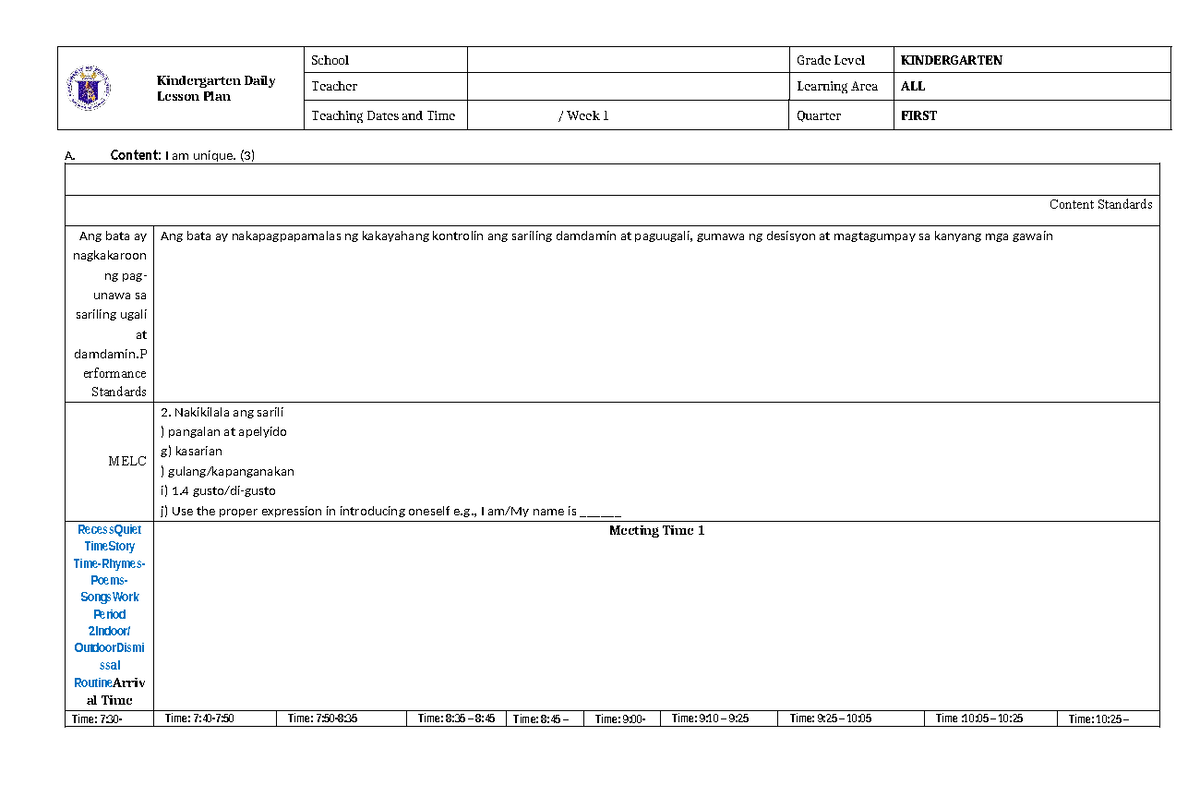Kinder WEEK1(Day3) - Education - Kindergarten Daily Lesson Plan School ...