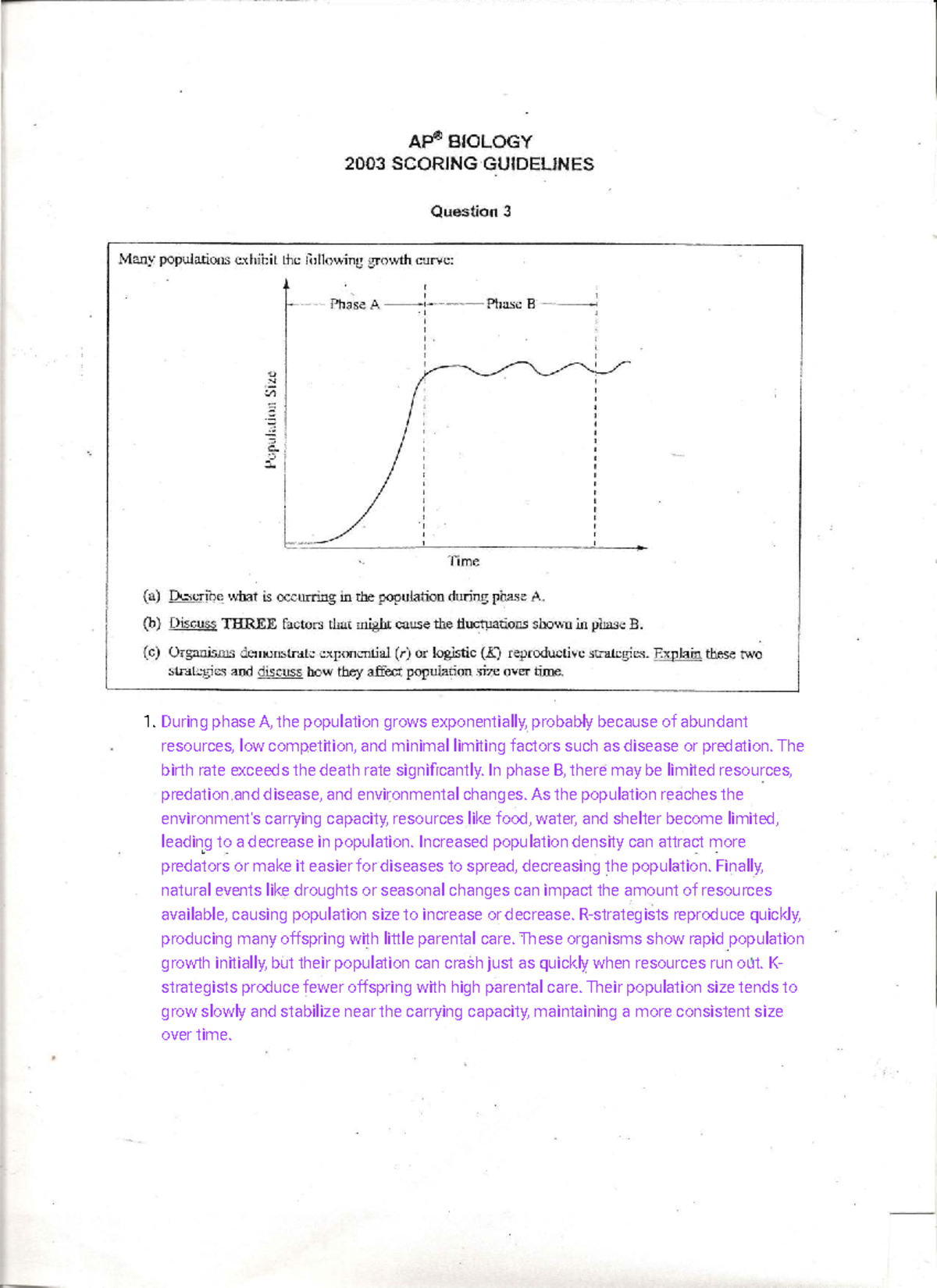 AP Bio Population Growth Curve Analysis - Question 13 - Studocu