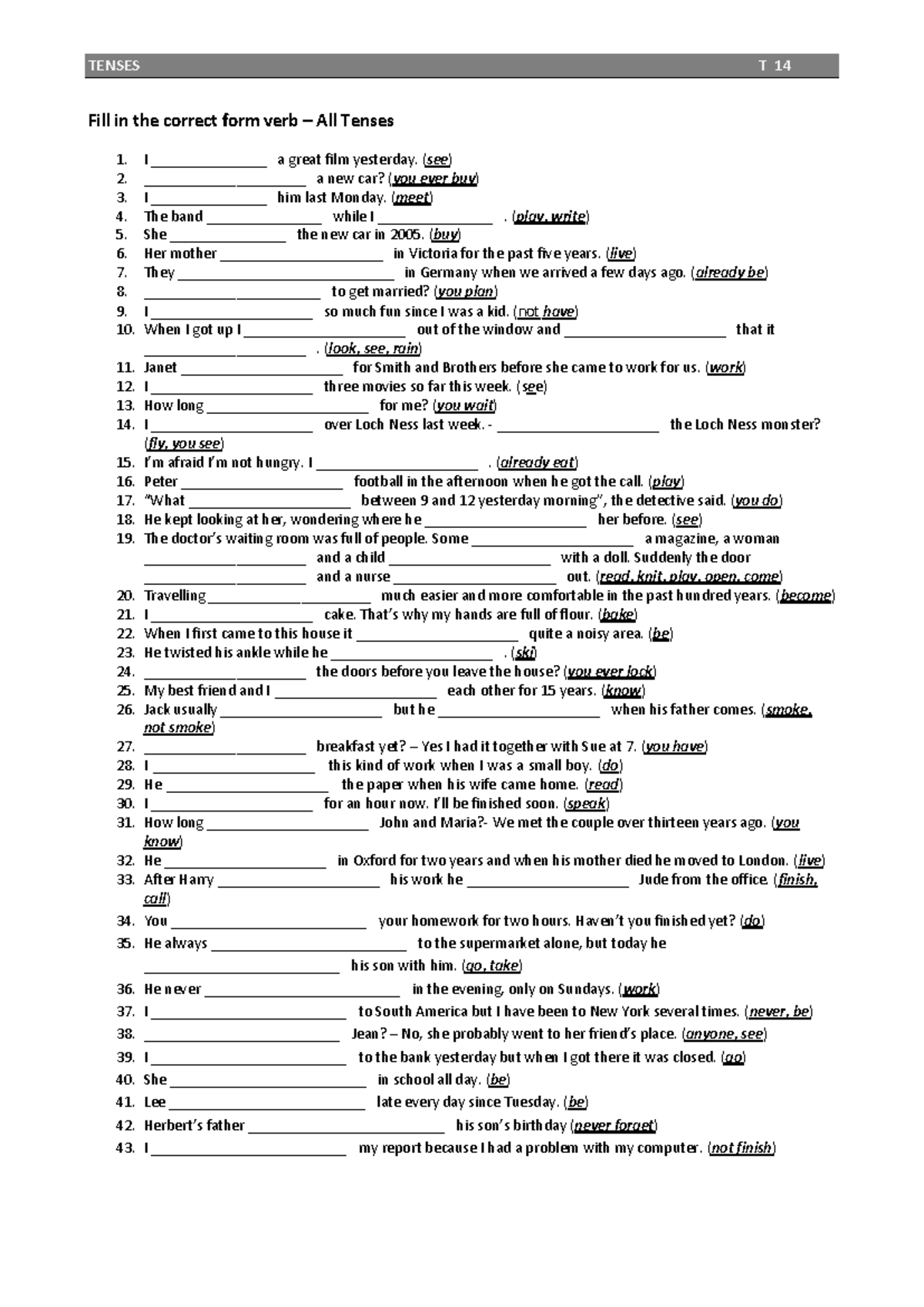 Exercise Tenses 2 - Fill in the Correct Verb Forms - Studocu