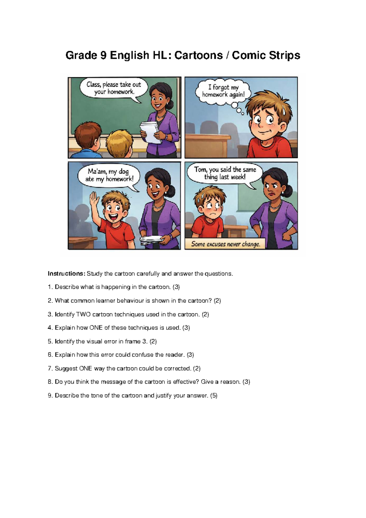 Grade 9 English HL: Cartoon Analysis Worksheet Instructions - Studocu