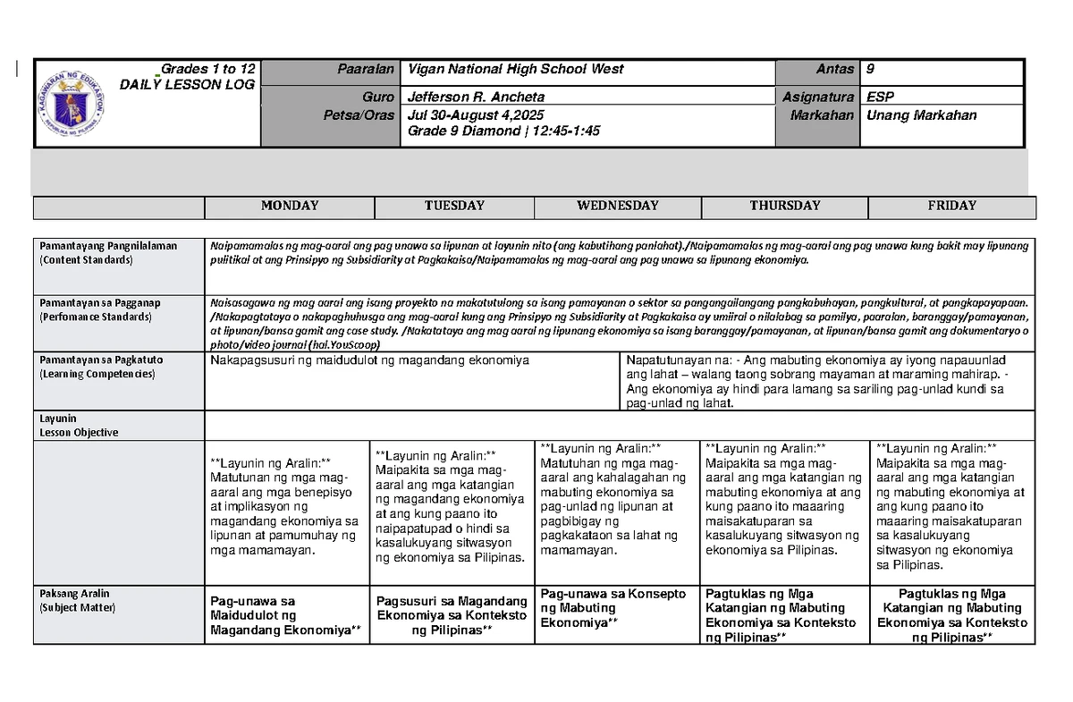 ESP 9 Daily Lesson Log: Moral Values and Community Projects - Studocu