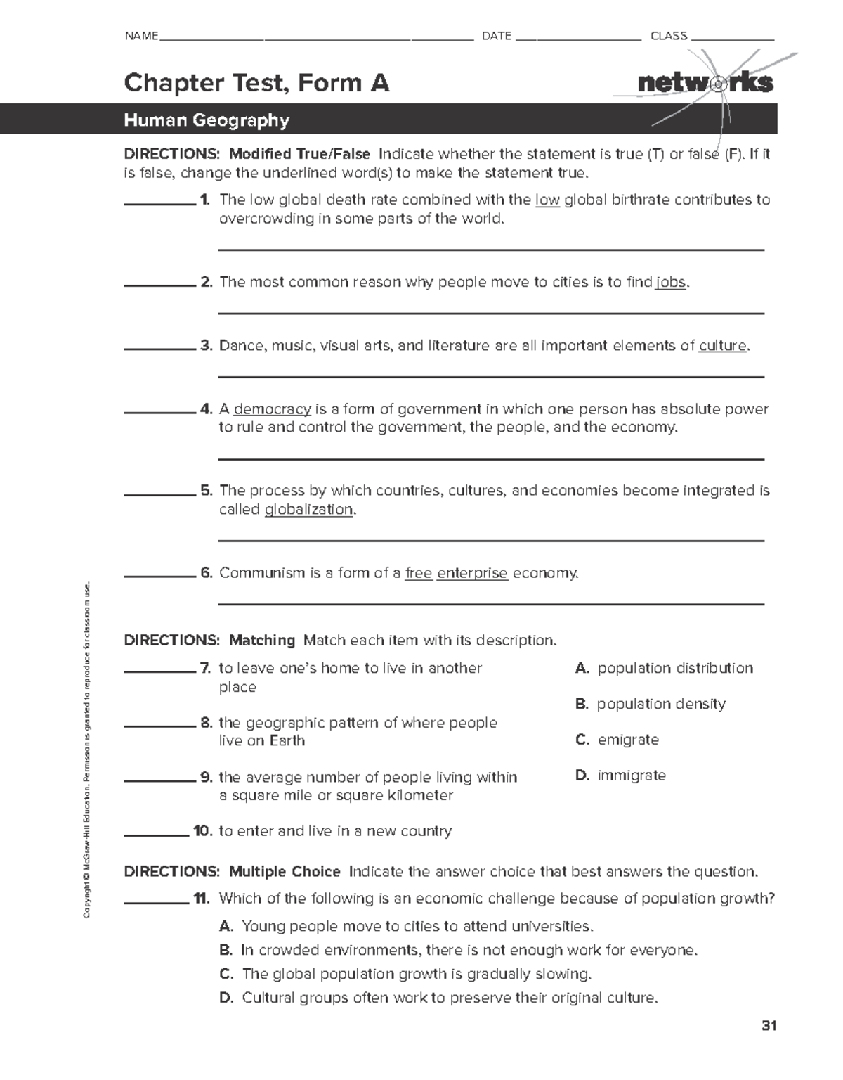 Human Geography Chapter Test, Form A: Major World Religions & Concepts ...