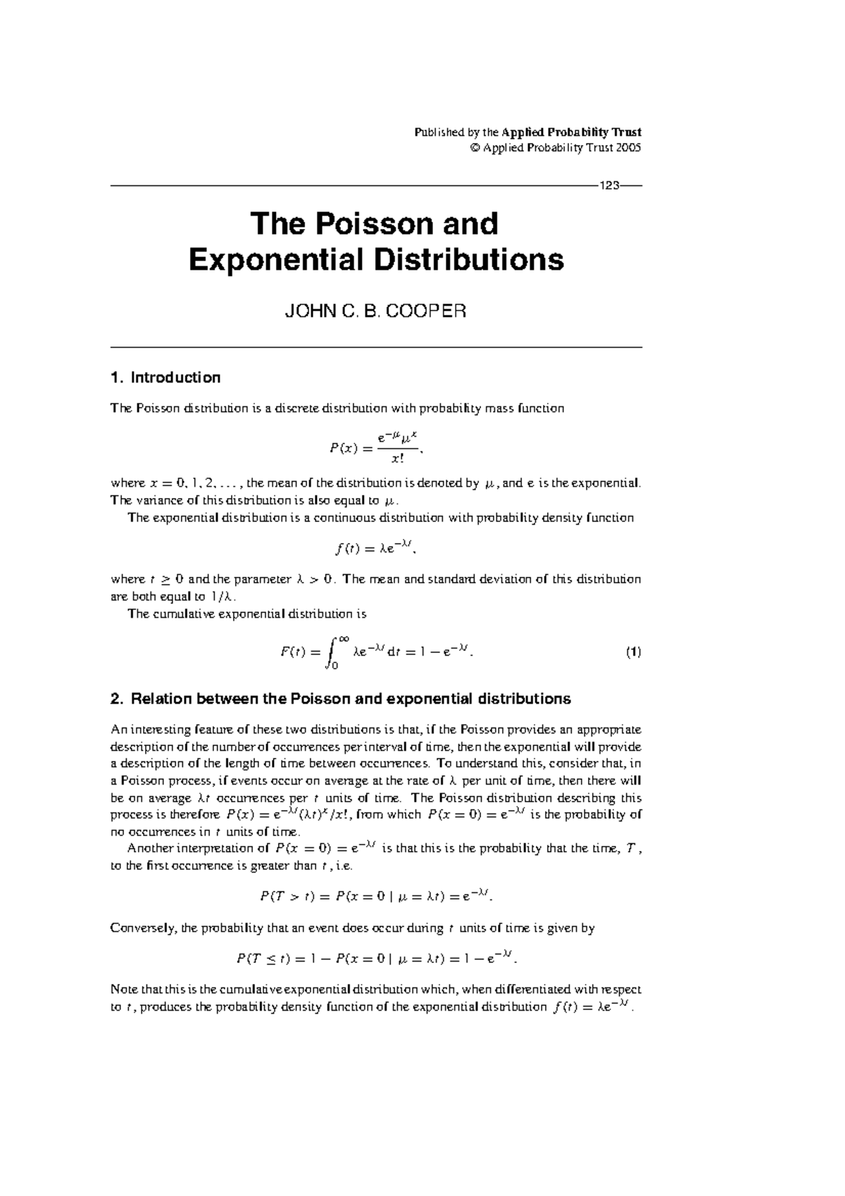 Applied Probability Trust: Poisson & Exponential Distributions - Studocu