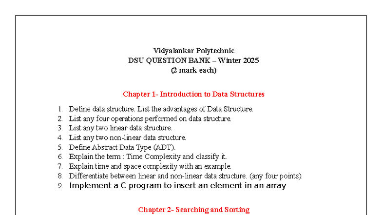 DSU QB W25 - Question Bank on Data Structures and Algorithms - Studocu