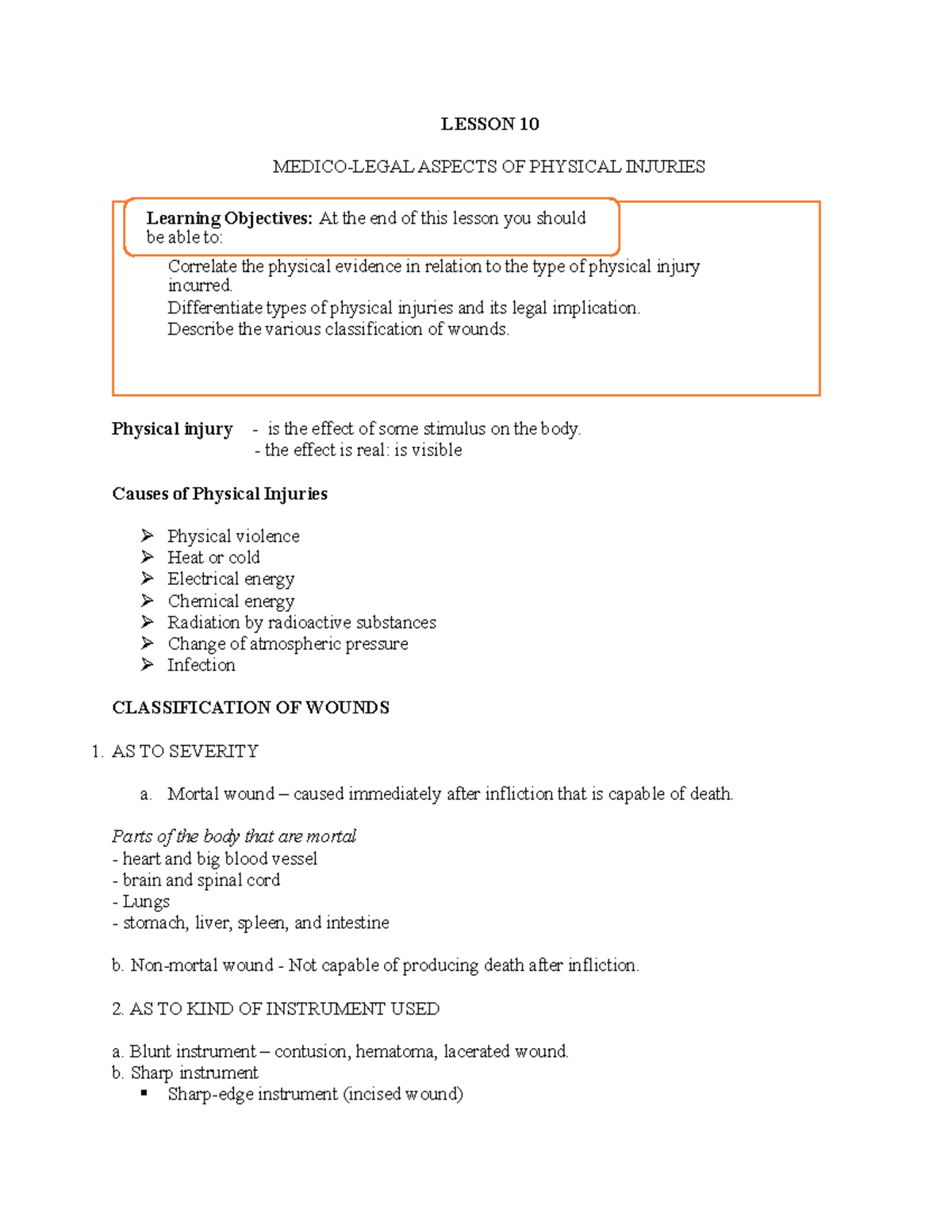 Medico-Legal Aspects of Physical Injuries: Lesson 10 Overview - Studocu
