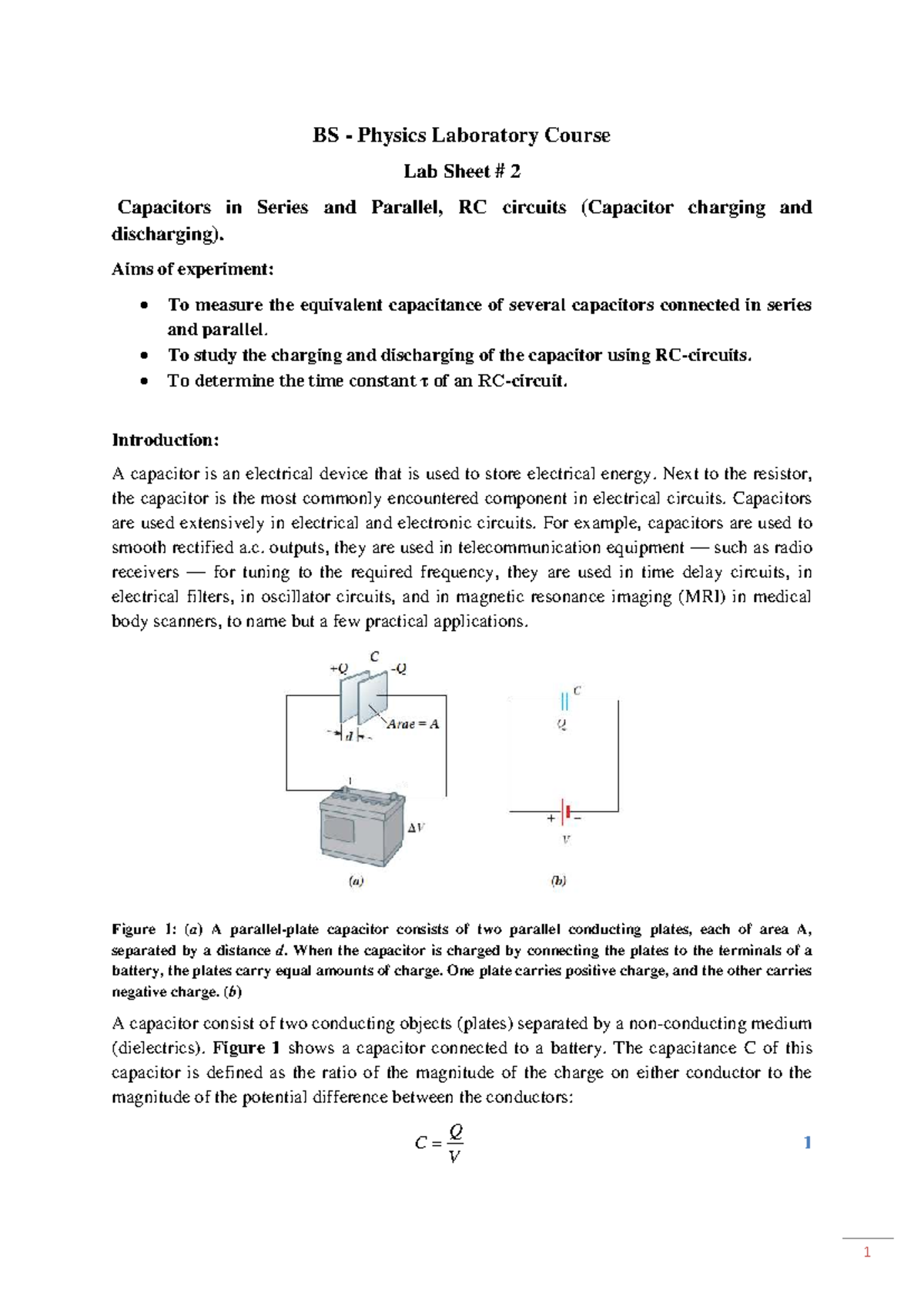 BS Physics Lab Sheet 2: Capacitors in Series & Parallel, RC Circuits - Studocu