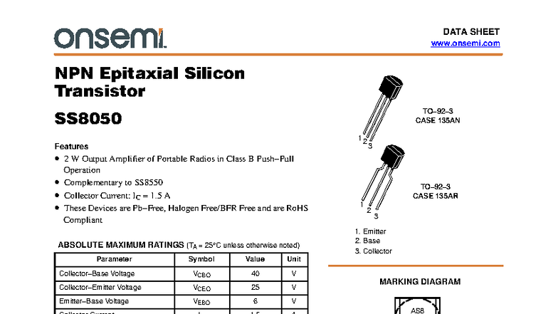 SS8050 Data Sheet: NPN Epitaxial Silicon Transistor Overview - Studocu