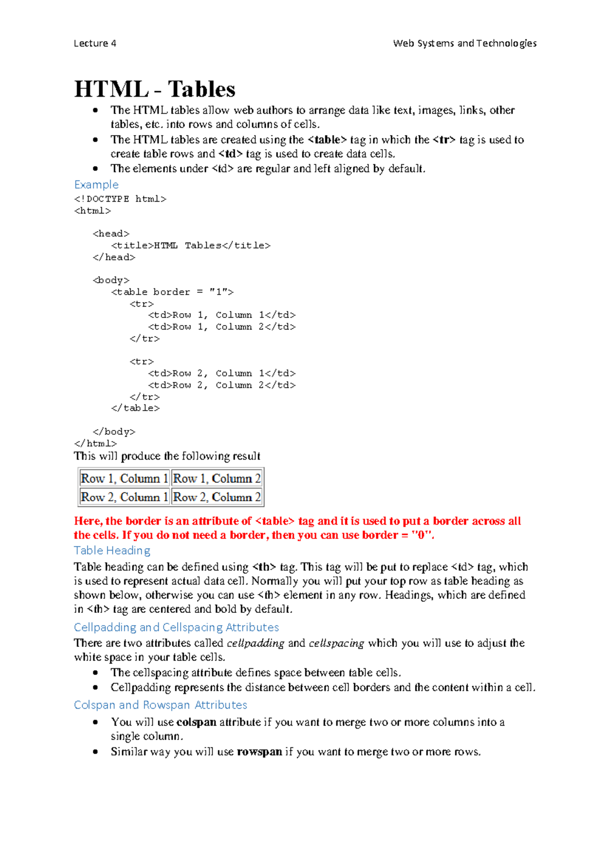 Lecture 4 - Understanding HTML Tables and Input Controls - Studocu