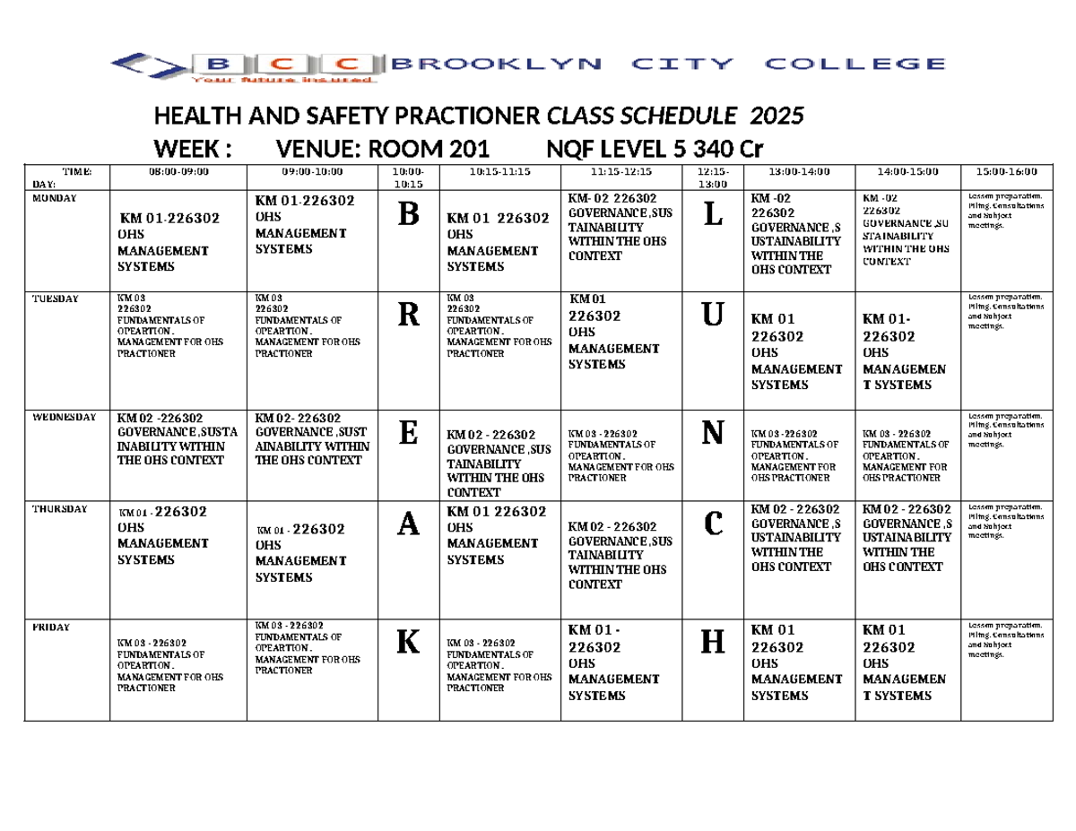HEALTH AND SAFETY PRACTITIONER CLASS SCHEDULE KM 226302 - 2025 - Studocu
