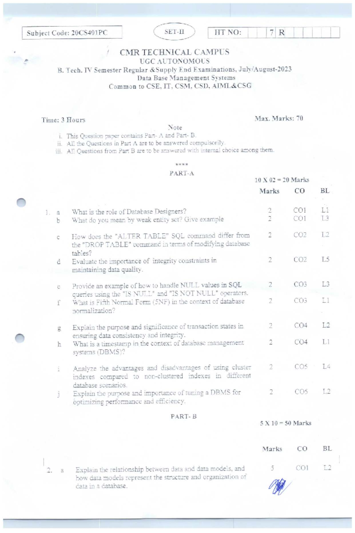 20CS401PC B.Tech IV Sem Supply Exam: Data Base Management Systems Guide - Studocu