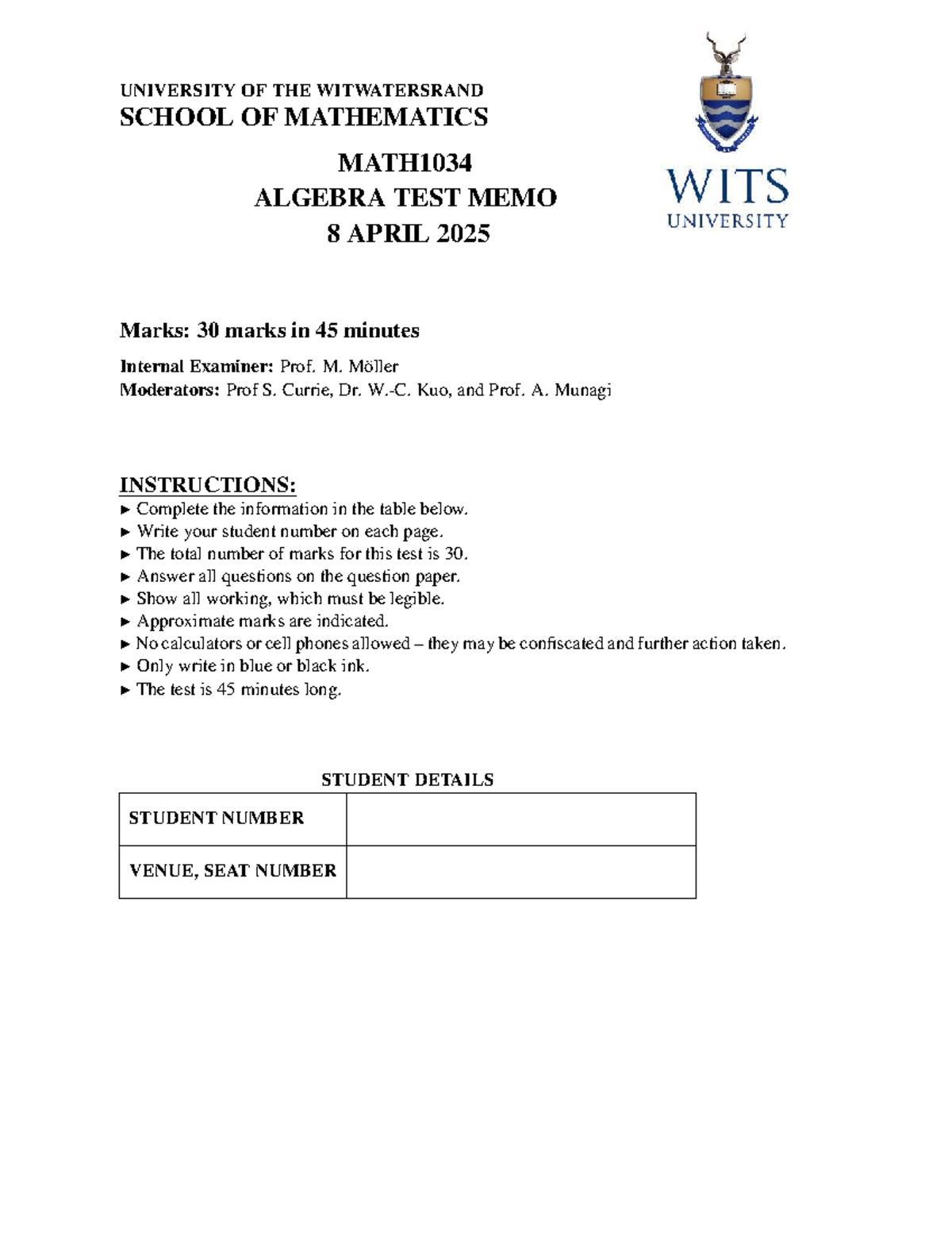 MATH1034 ALGEBRA TEST MEMO - 8 APRIL 2025 (30 Marks, 45 Min) - Studocu