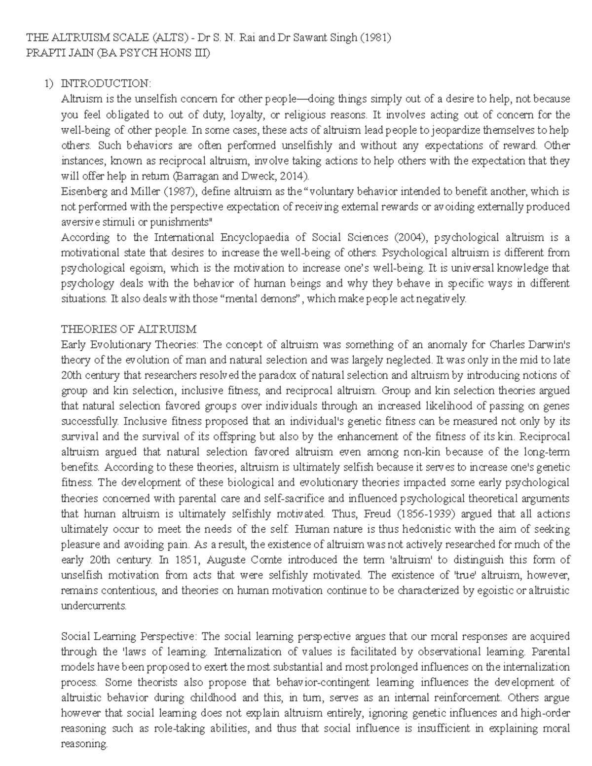 Altruism: Assessment Using The Altruism Scale (ALTS) by Rai & Singh ...