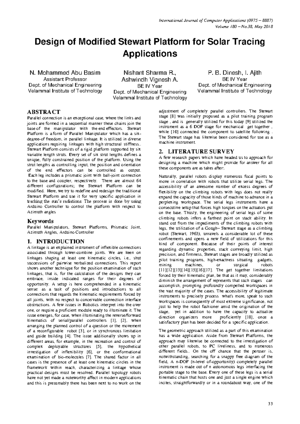 Design of Modified Stewart Platform for Solar Tracking Applications (ME ...