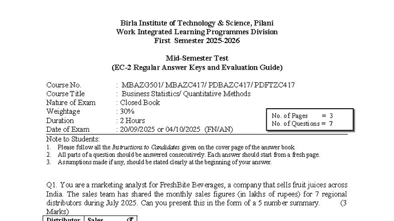 EC2R Answer Keys for Business Statistics: First Semester Test Guide ...