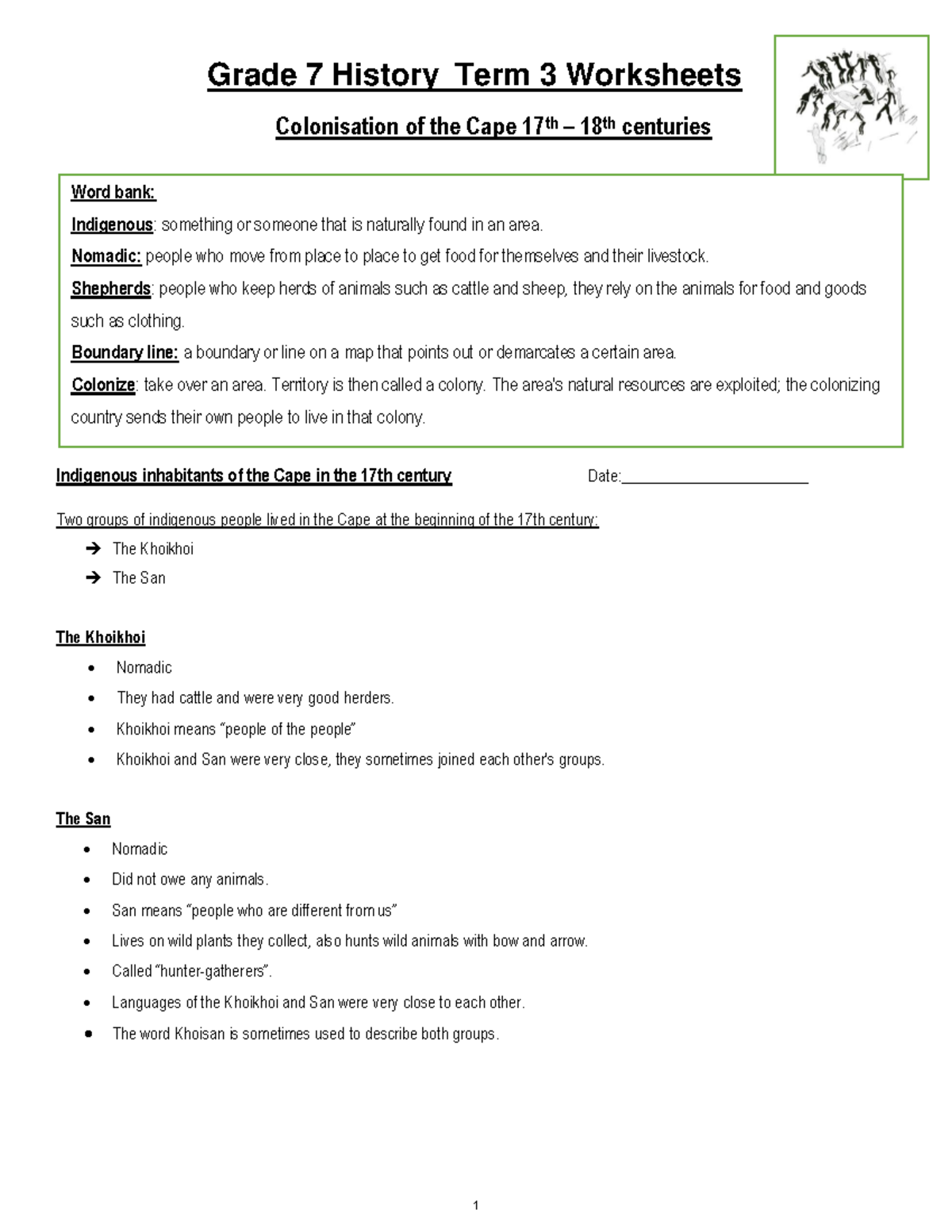 Gr.7H Term 3 History Worksheets on Colonisation and Indigenous Peoples ...