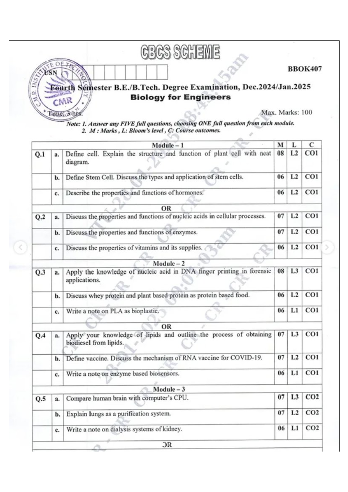 BBOK407 Fourth Semester Biology for Engineers Model Question Paper ...