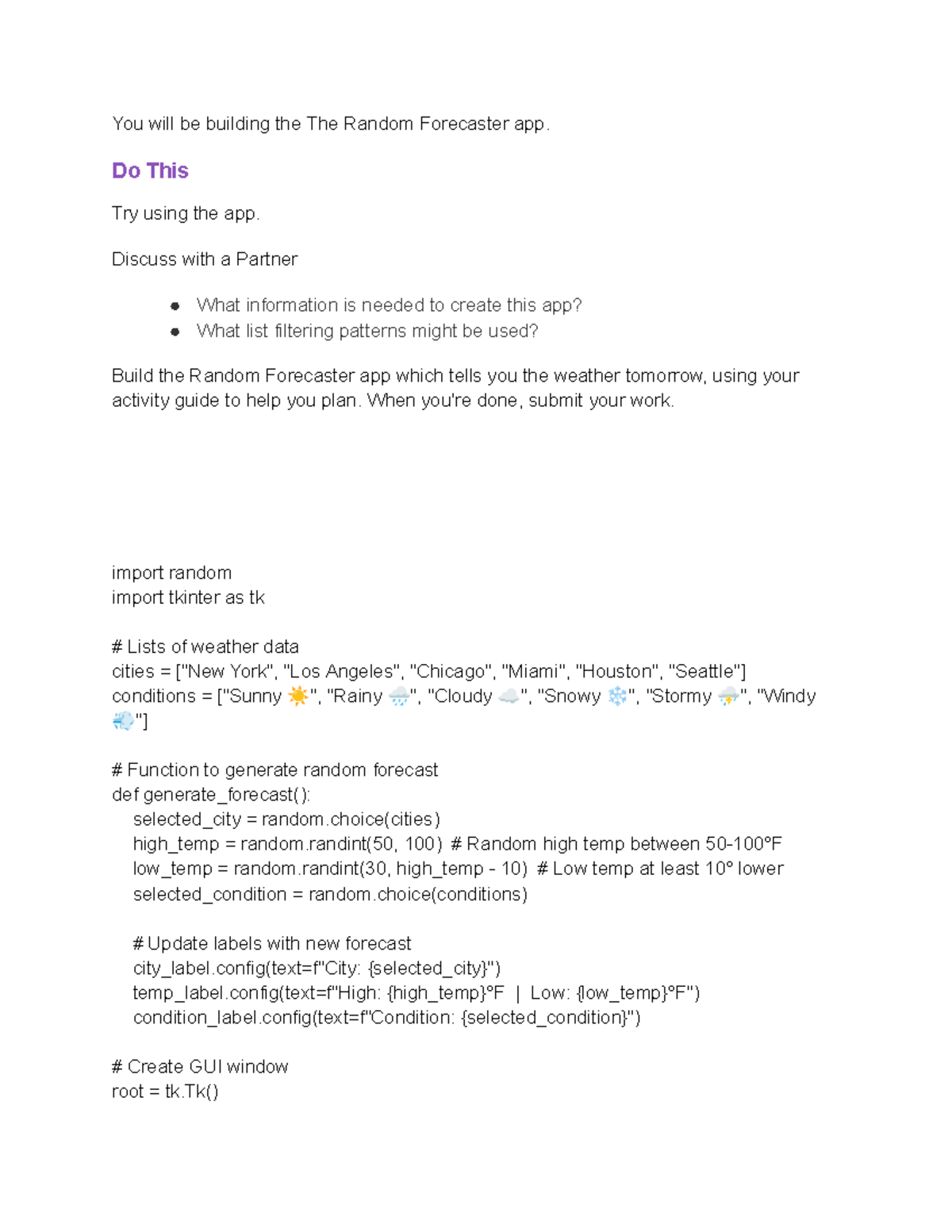 Unit 6 Lesson 12: Activity Guide for Random Forecaster App Creation ...