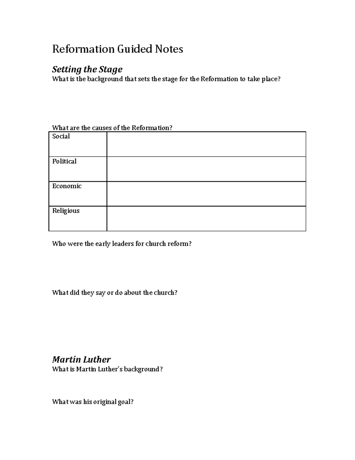 Reformation Guided Notes: Causes & Effects of Protestant and Catholic ...