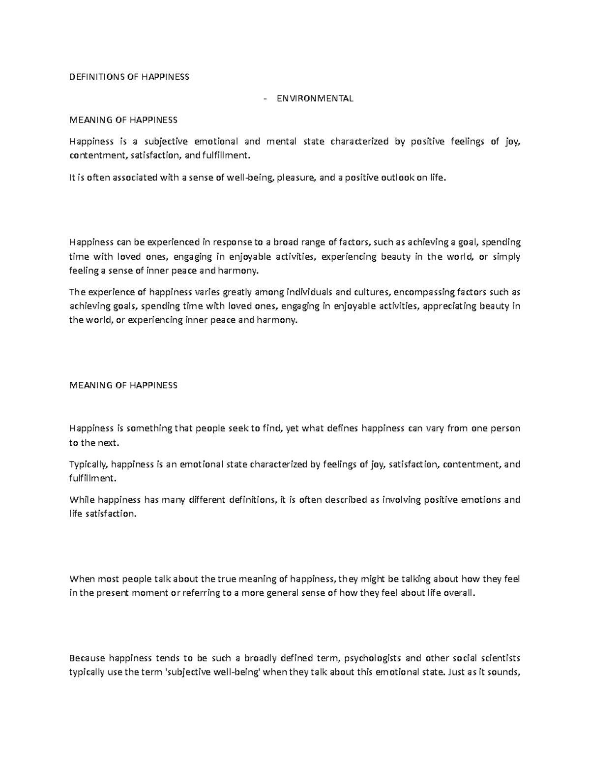 Happiness and Environmental Connection: Definitions and Insights - Studocu