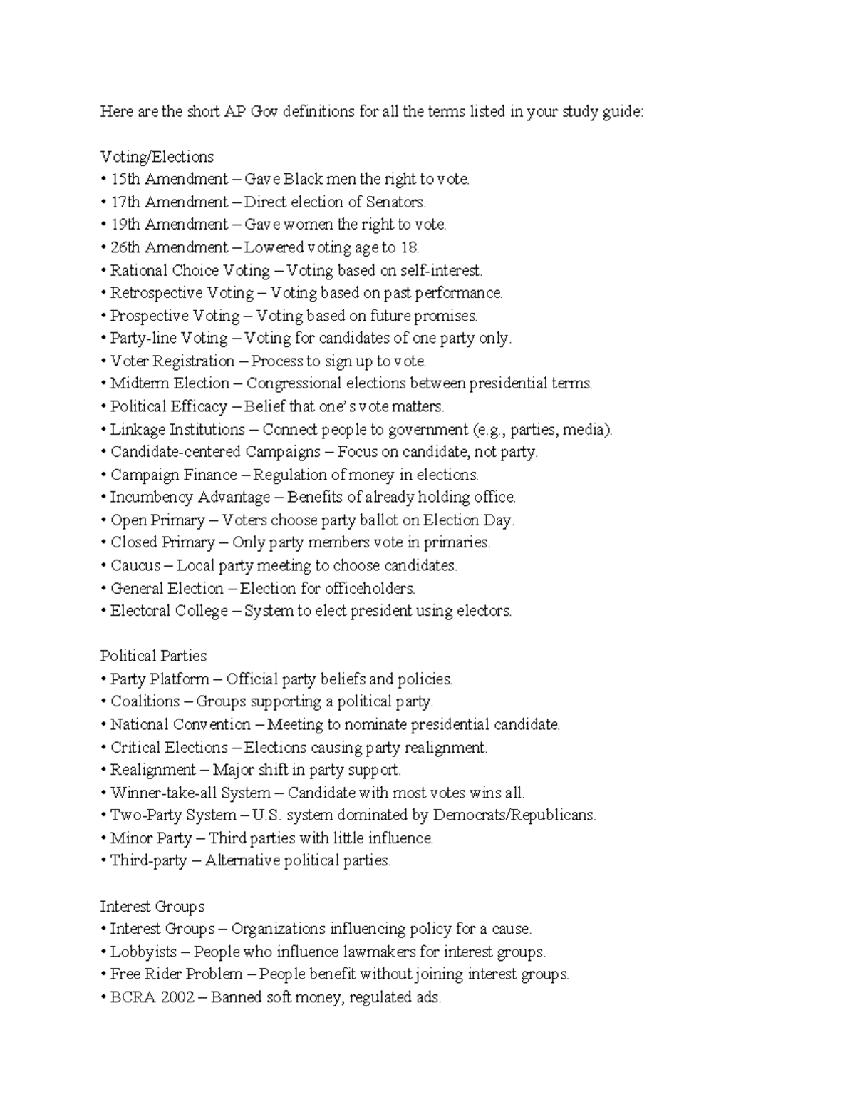 Ap gov - vocab - Here are the short AP Gov definitions for all the ...