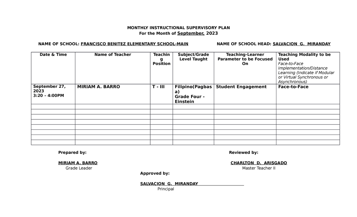 Grade 4 Instructional Supervisory Plan - Sept & Oct 2023 - Studocu